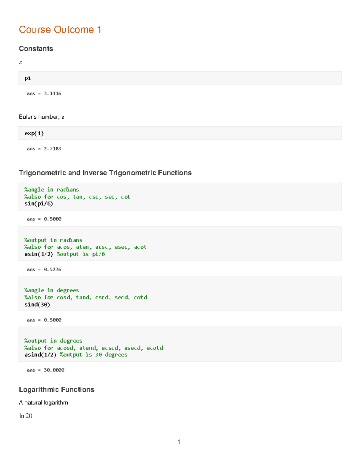 MATH146 CO1 matlab - Course Outcome 1 Constants π pi ans = 3. Euler's ...