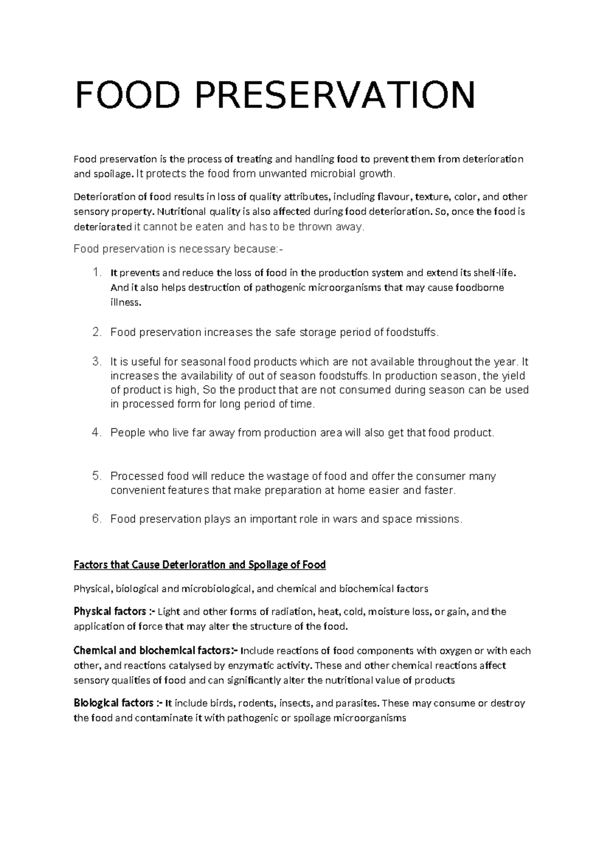 Foodpreservation - Food preservation notes - FOOD PRESERVATION Food ...