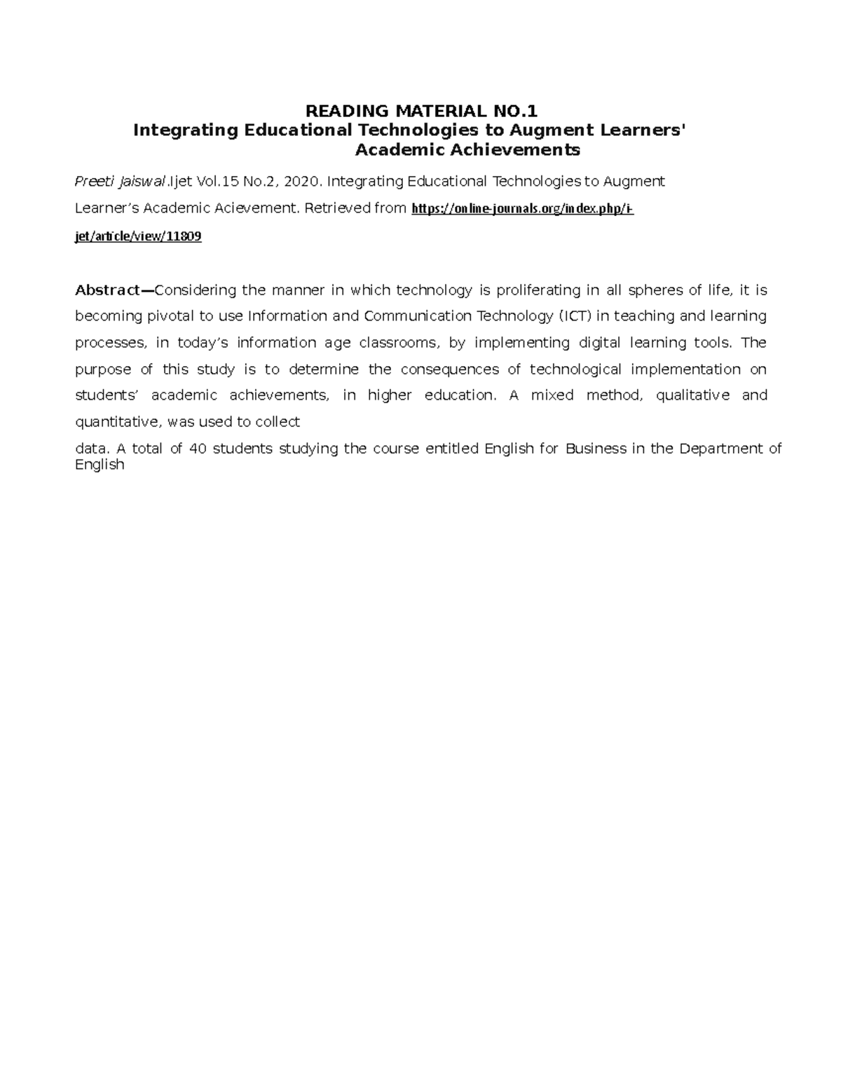 Reading Materials Learner Centered Method - READING MATERIAL NO ...