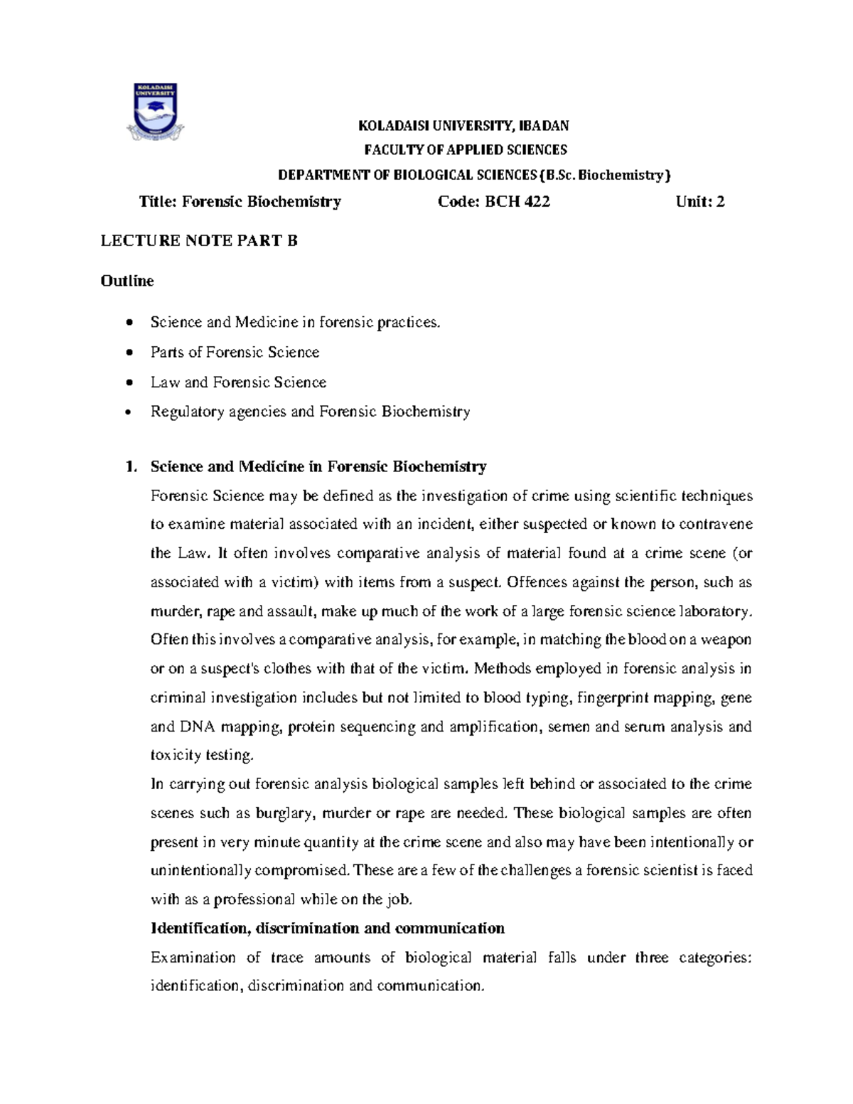 BCH422-Forensic Biochemistry - KOLADAISI UNIVERSITY, IBADAN FACULTY OF ...