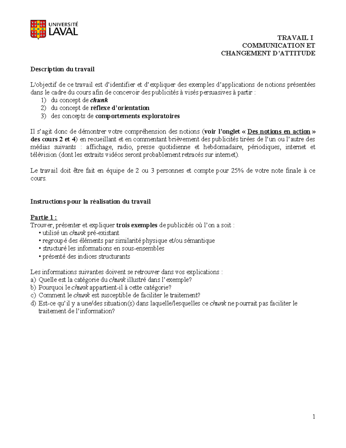 Instructions - TP1 - TRAVAIL I COMMUNICATION ET CHANGEMENT D’ATTITUDE Description du travail ...