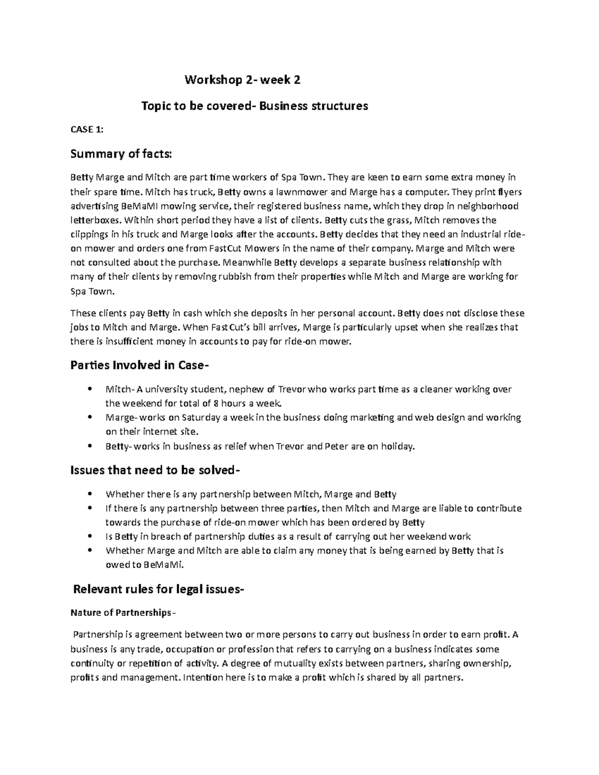 Business law case 1 - case studies on various topics - Workshop 2- week ...