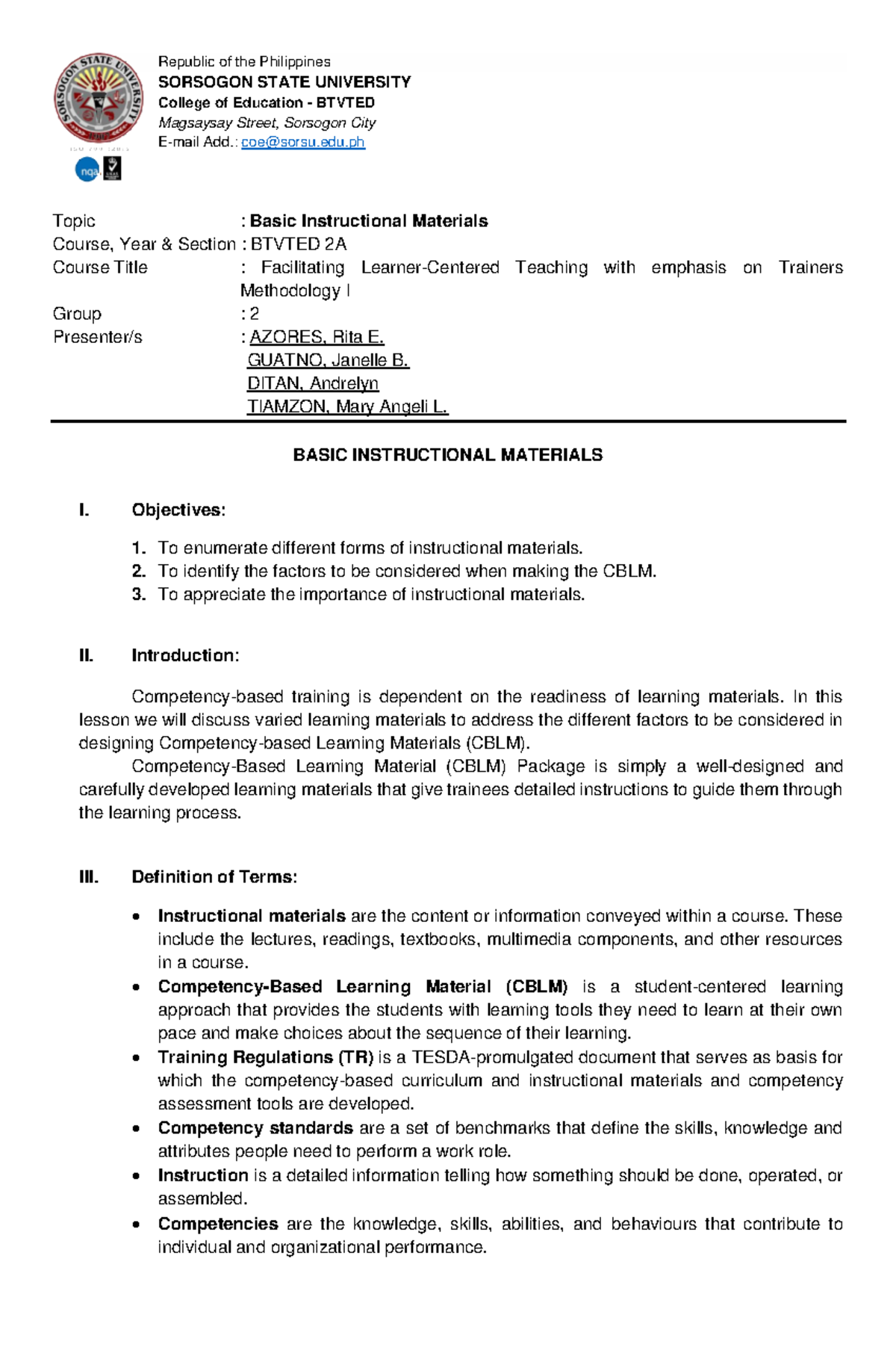 Written Report Basic Instructional Materials - SORSOGON STATE ...