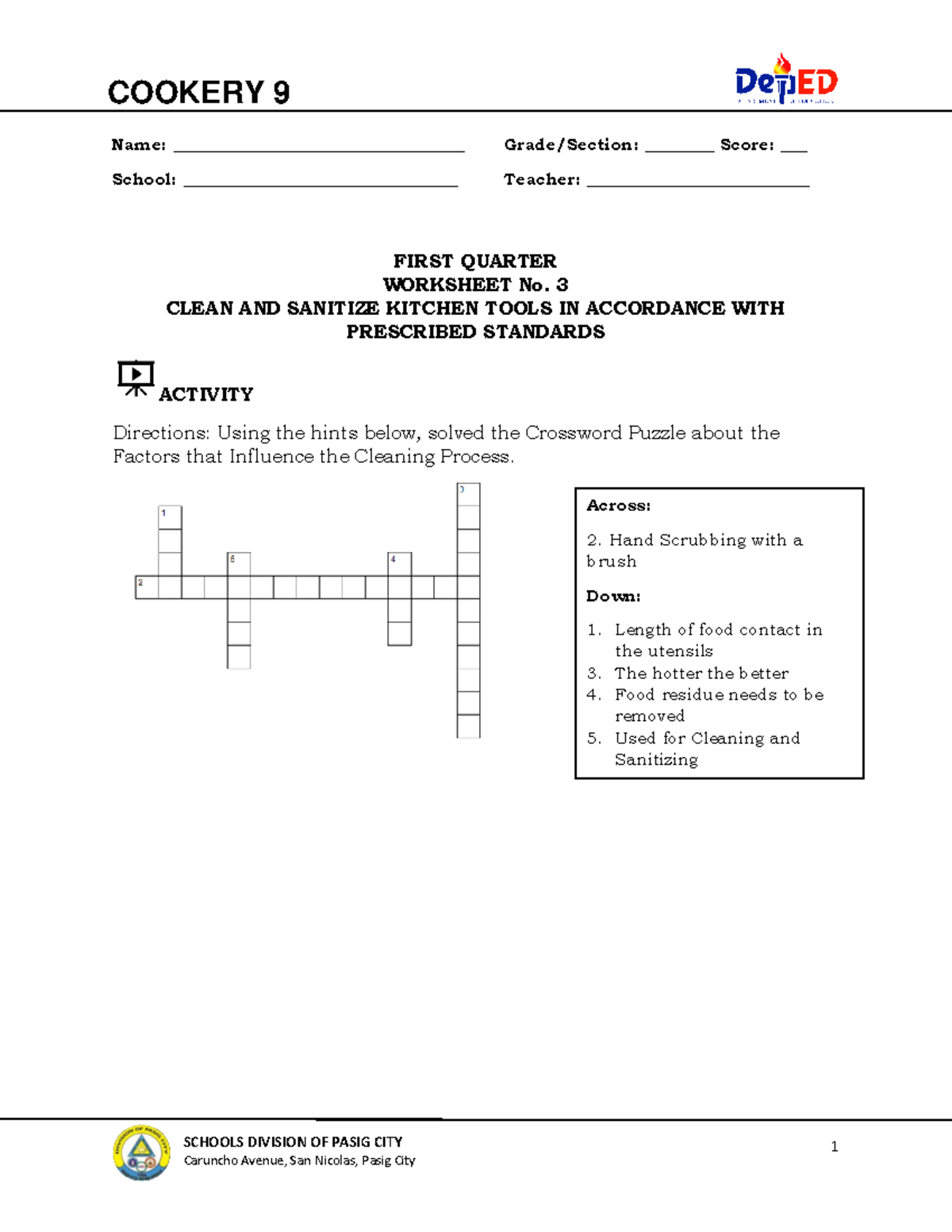 TLE Cookery 9-Q1-DW3 - 1 COOKERY 9 SCHOOLS DIVISION OF PASIG CITY ...