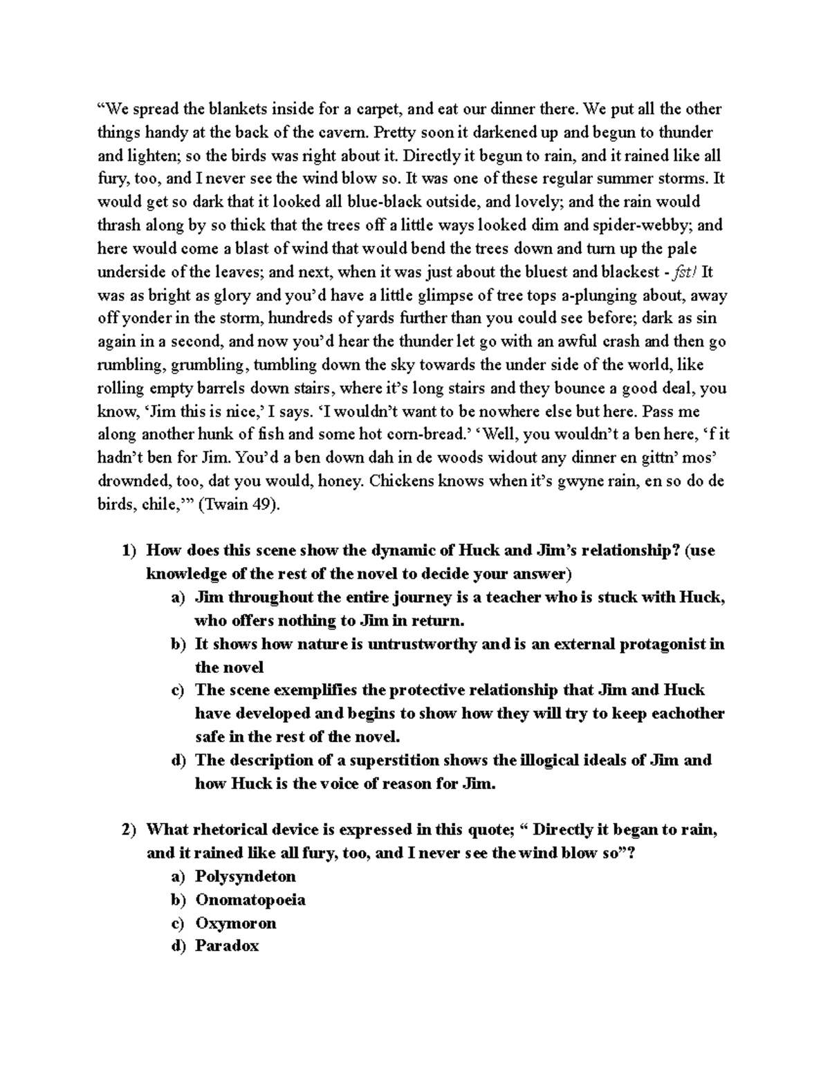 Huckleberry Finn Nature Project AP Questions - “We spread the blankets ...