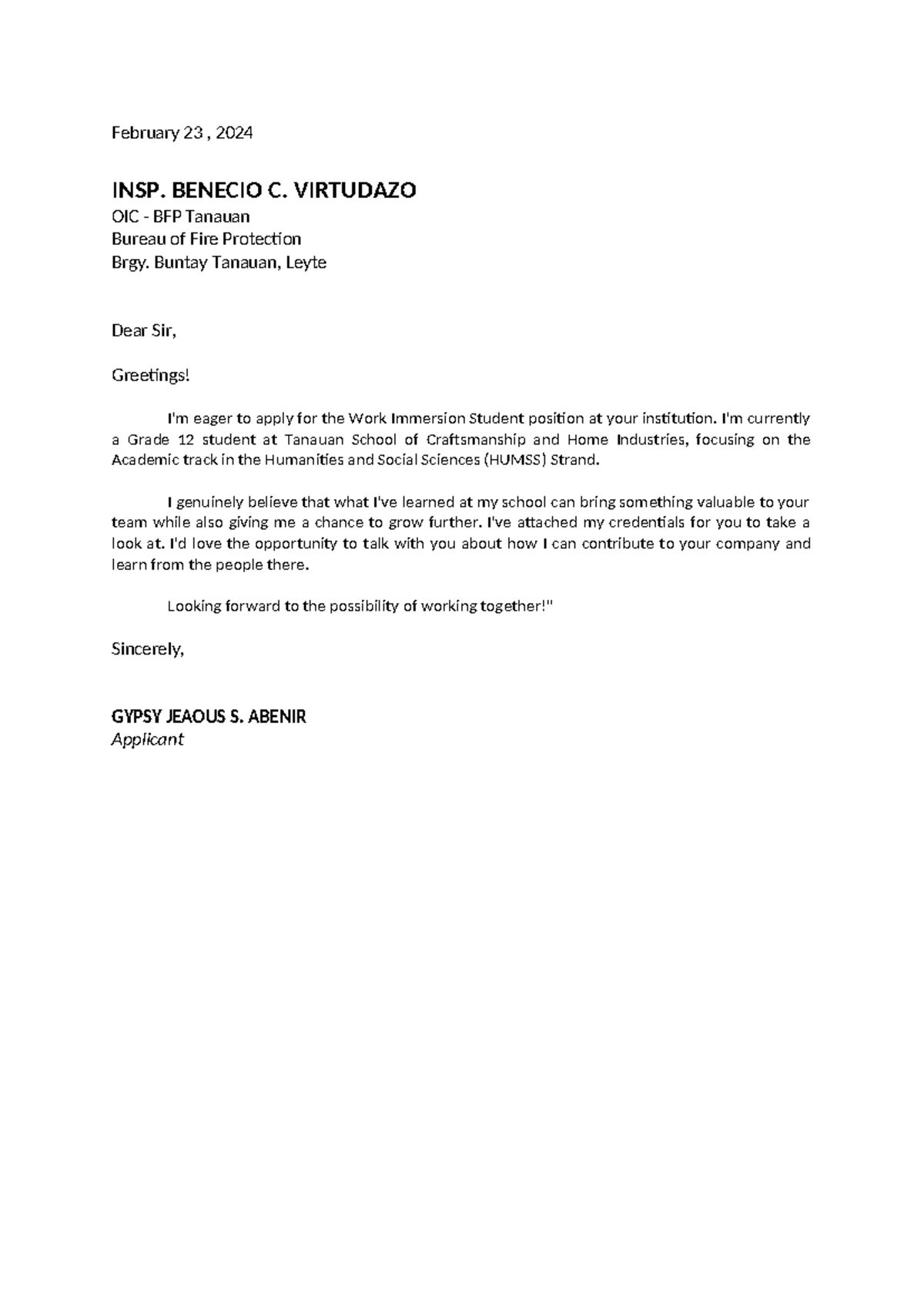 Application-letter-template - February 23 , 202 4 INSP. BENECIO C ...