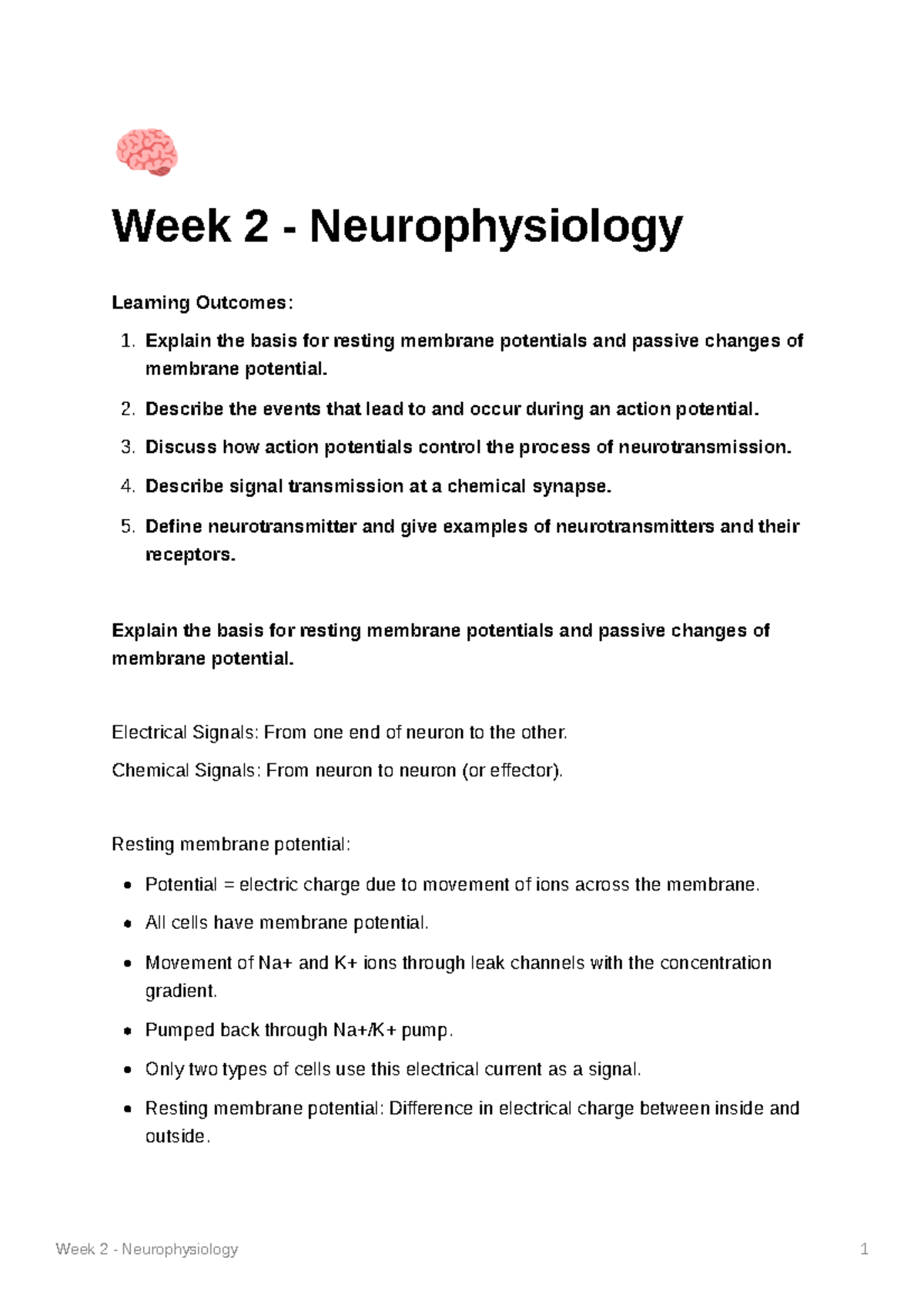 Week 2 - Neurophysiology - Week 2 - Neurophysiology Learning Outcomes ...