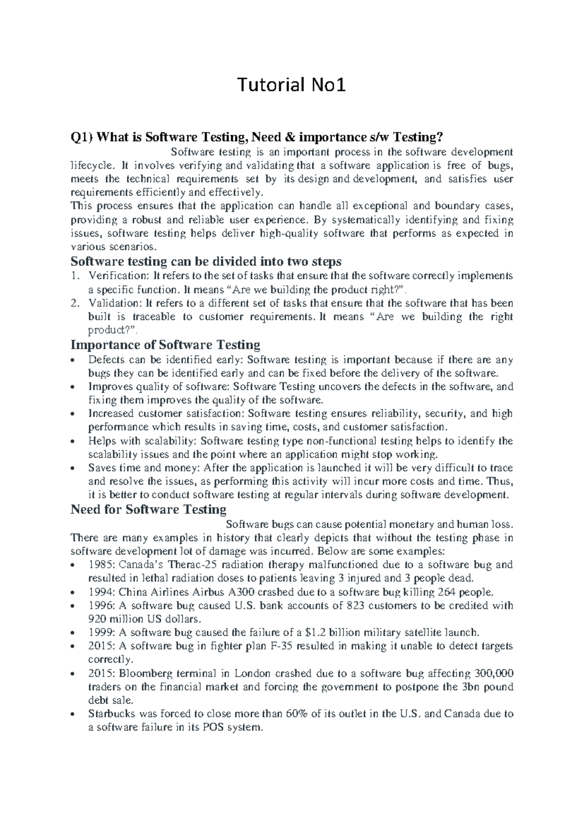 Tute 1 - Tutorial notes - Tutorial No Q 1 ) What is Software Testing ...