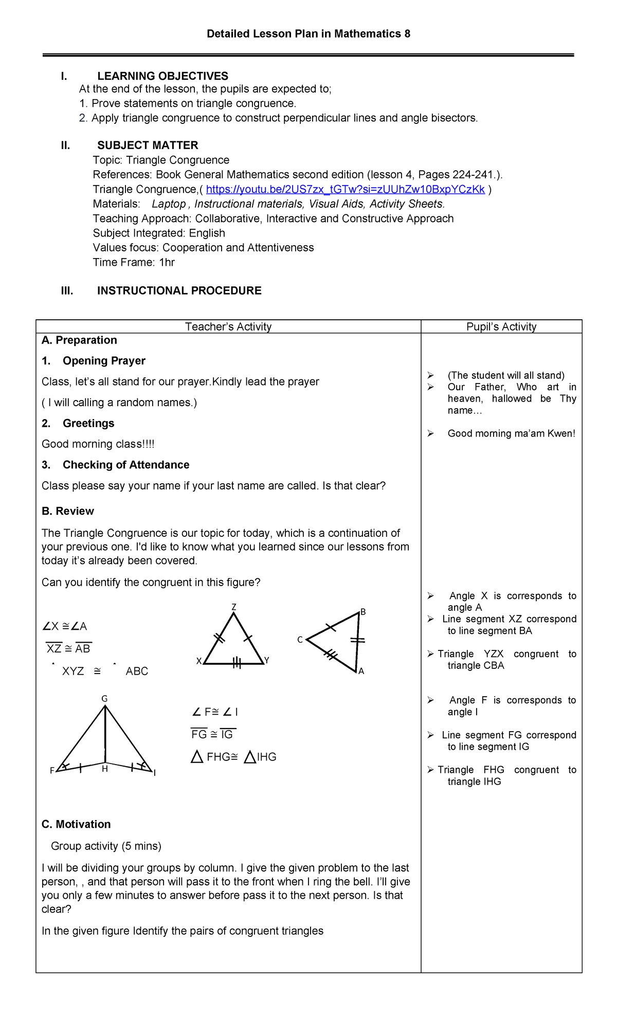 LP-8Triangle Congruence - Detailed Lesson Plan in Mathematics 8 I ...