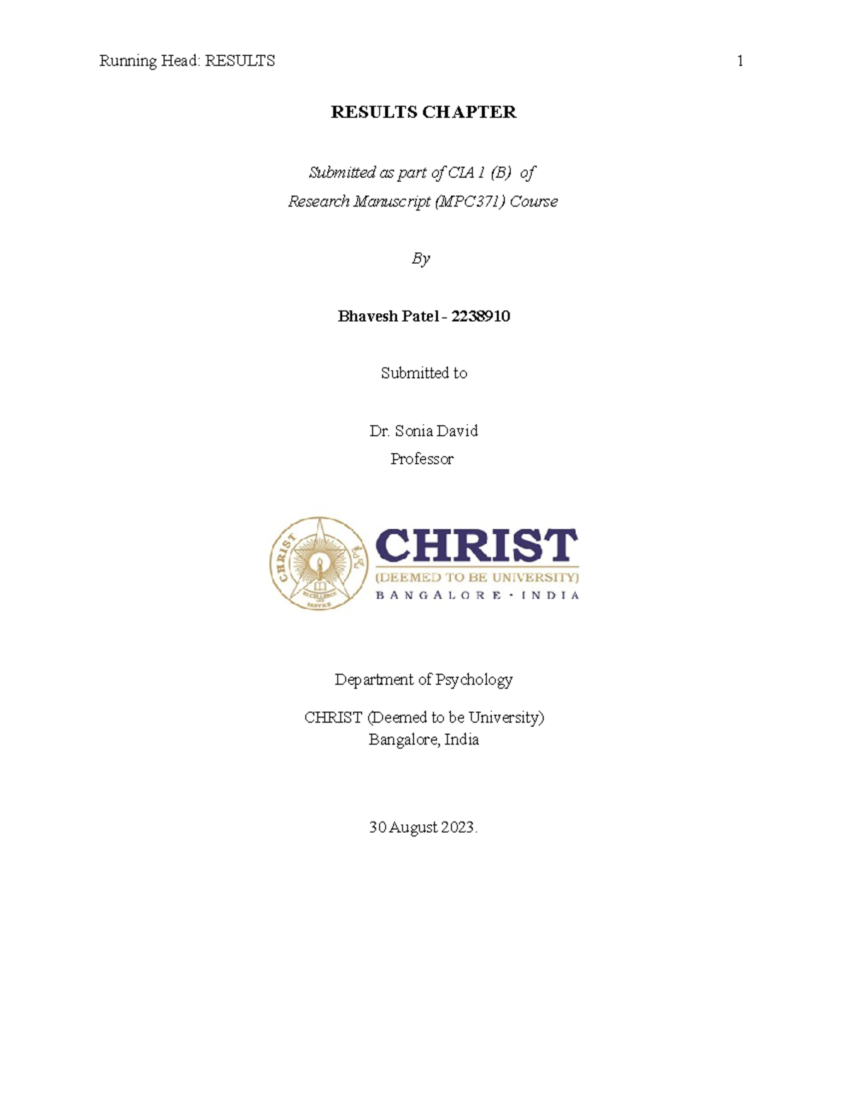 Chapter of Research - RESULTS CHAPTER Submitted as part of CIA 1 (B) of ...