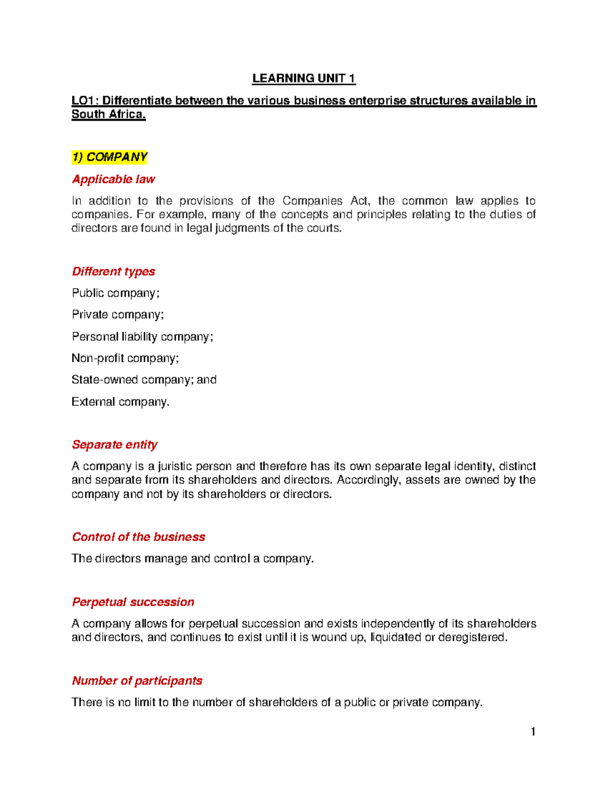 LAES Learning UNIT 1 - Summary Companies & Other Business Structures ...