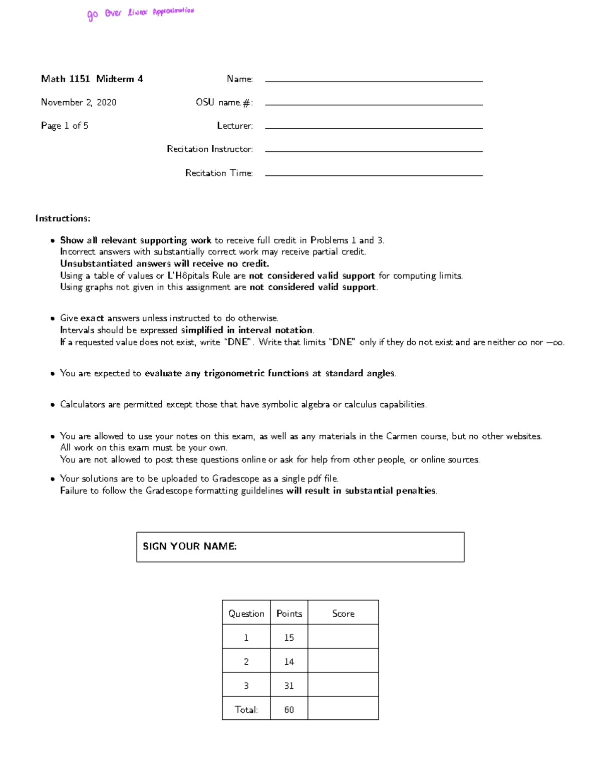 1151M4 AU20 - practice midterm - Math 1151 Midterm 4 Name: November 2, 2020 OSU name.#: Page 1 ...