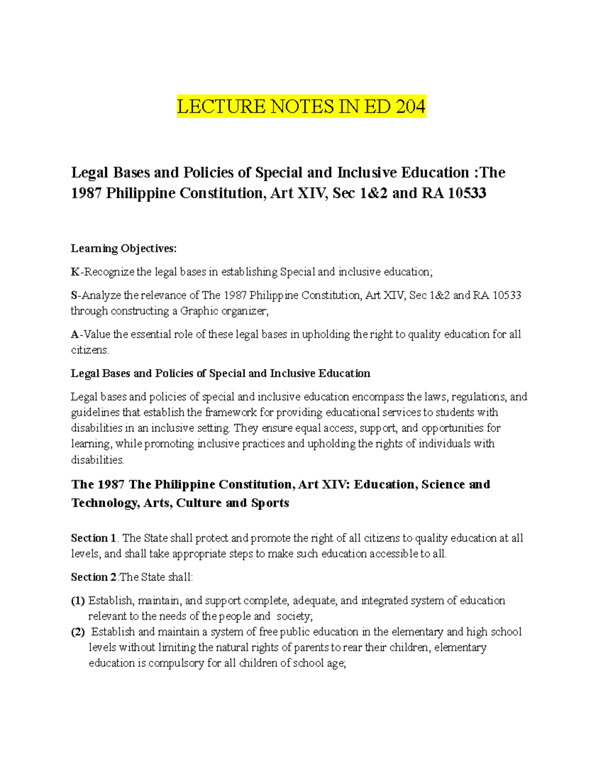ED- Lecture- Notes - Elements of Curriculum Planning - LECTURE NOTES IN ...