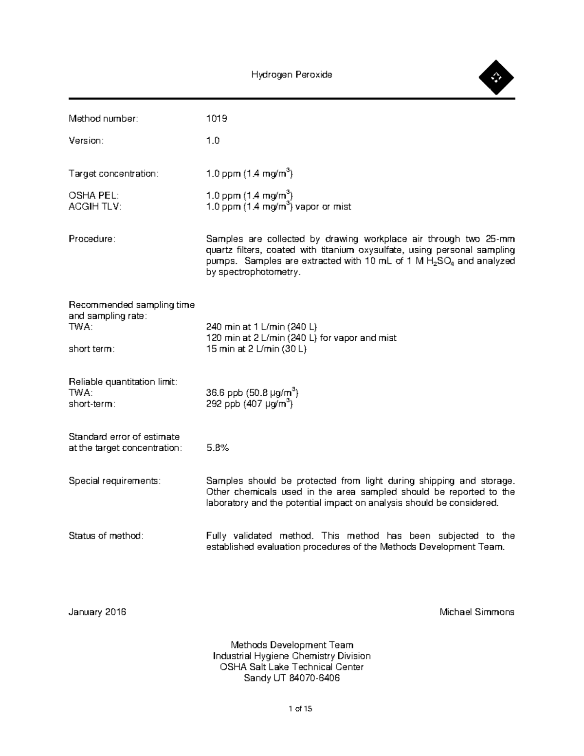Hydrogen Peroxide Lab - Hydrogen Peroxide Method number: 1019 Version ...