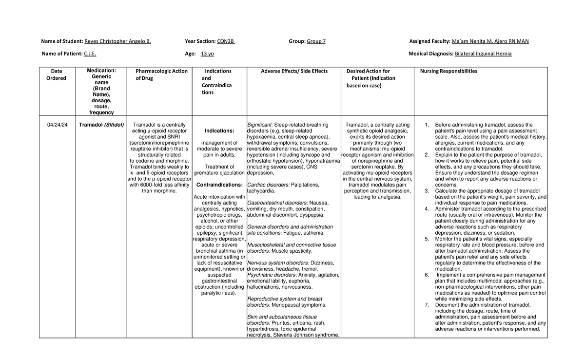 Drug study for CASE PRES MCMC - Name of Student: Reyes Christopher ...