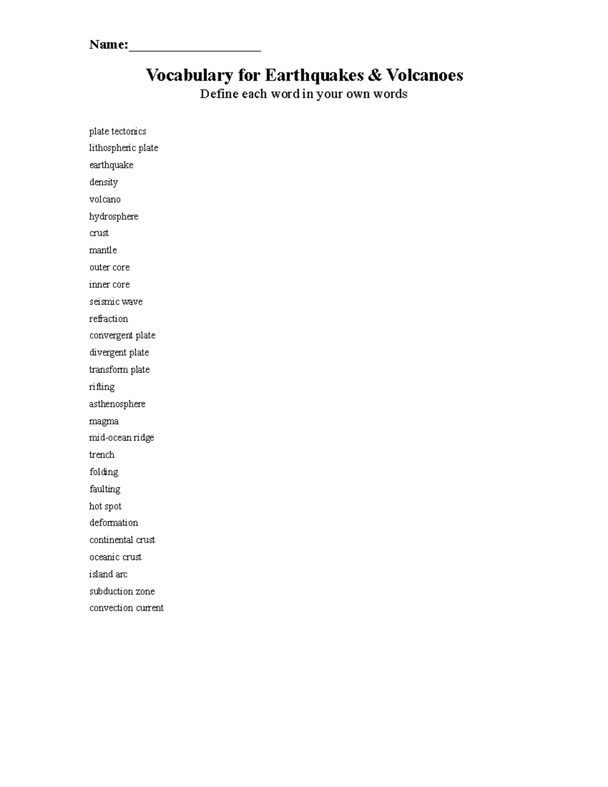 Chapter 15 Earthquakevolcanoes Vocab list - Name ...