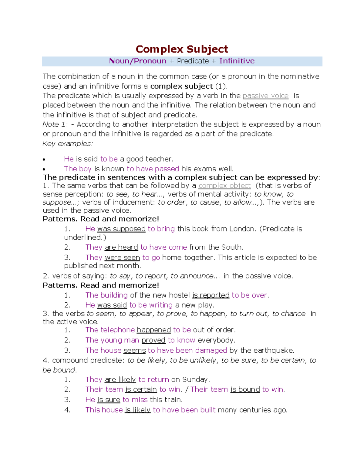 Complex Subject - Essay - Complex Subject Noun/Pronoun + Predicate ...