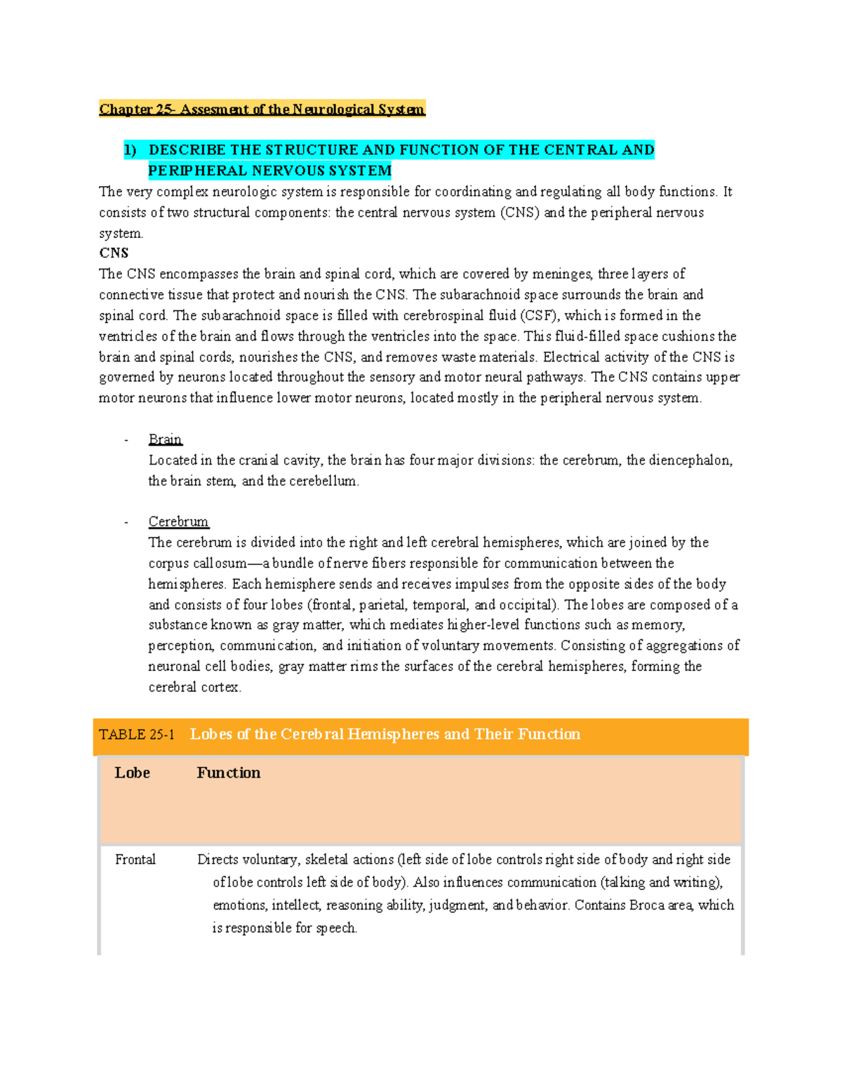 Exam 3- chap 25 (Neuro) - Lecture notes 1-10 - Chapter 25- Assesment of ...
