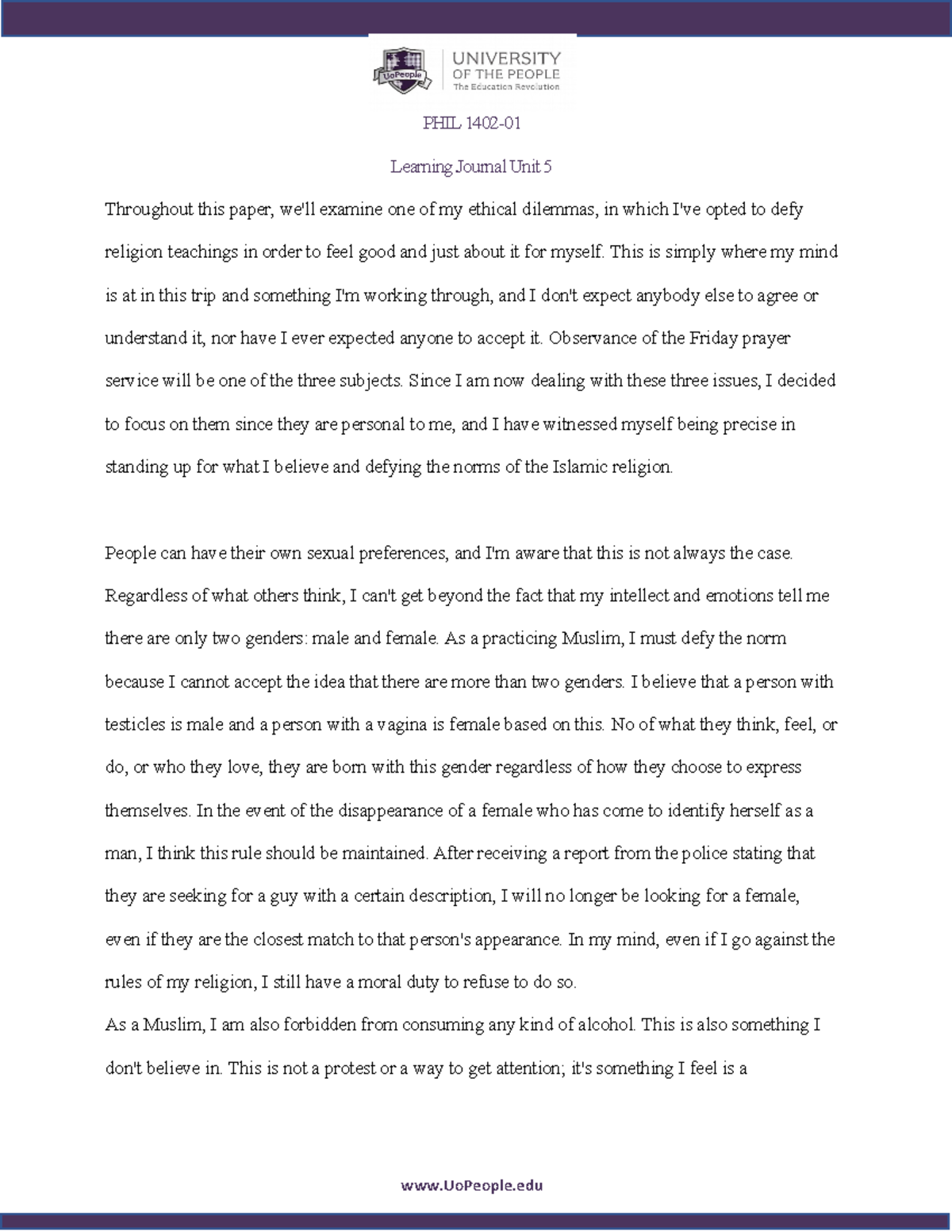 U 5 Learning Journal Unit 5 - PHIL 1402- Learning Journal Unit 5 ...