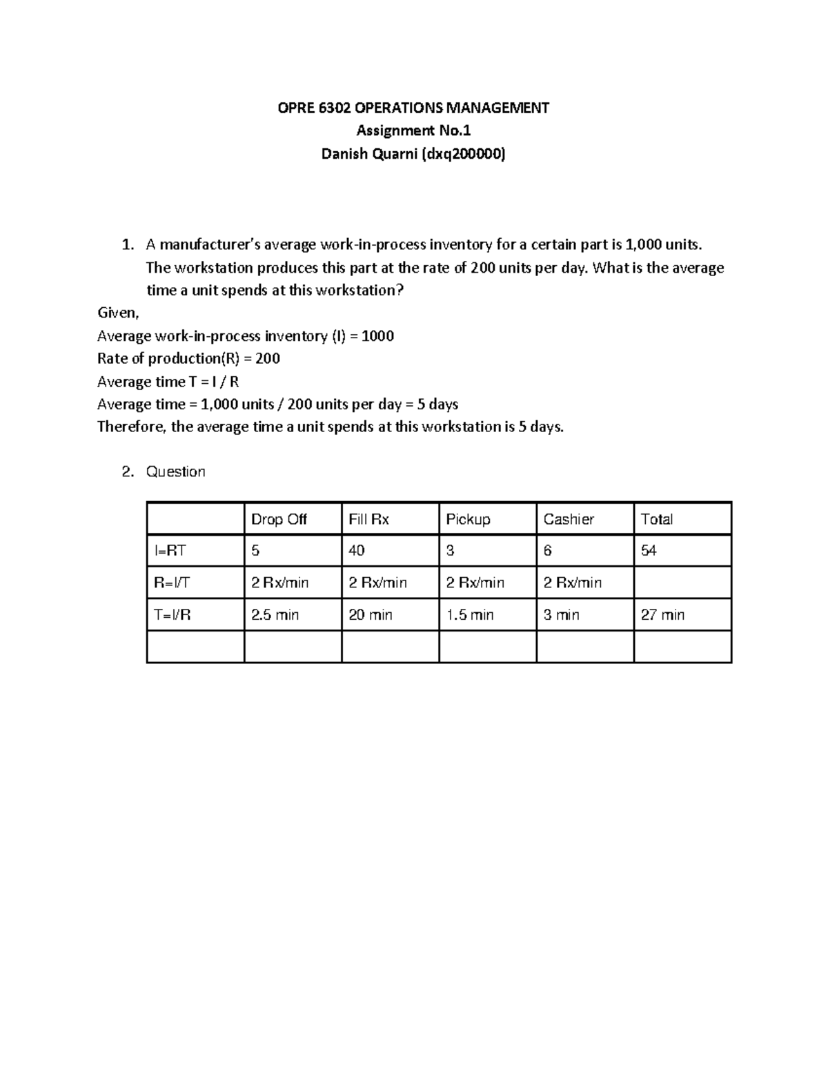 Assignment 1 OPRE6302 - OPRE 6302 OPERATIONS MANAGEMENT Assignment No. Danish Quarni (dxq200000 ...