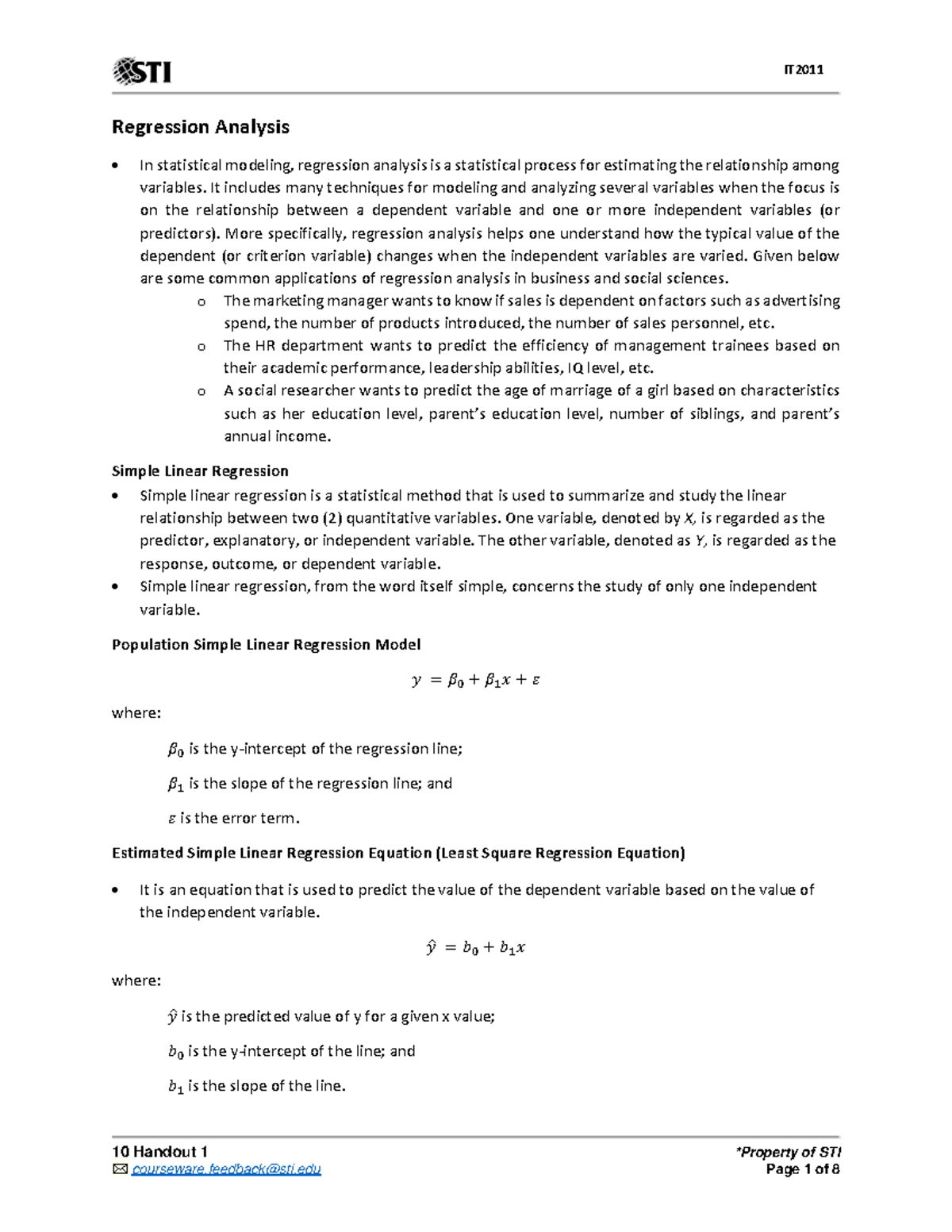 10 Handout 1 - 10 Handout 1 *Property of STI Regression Analysis In ...