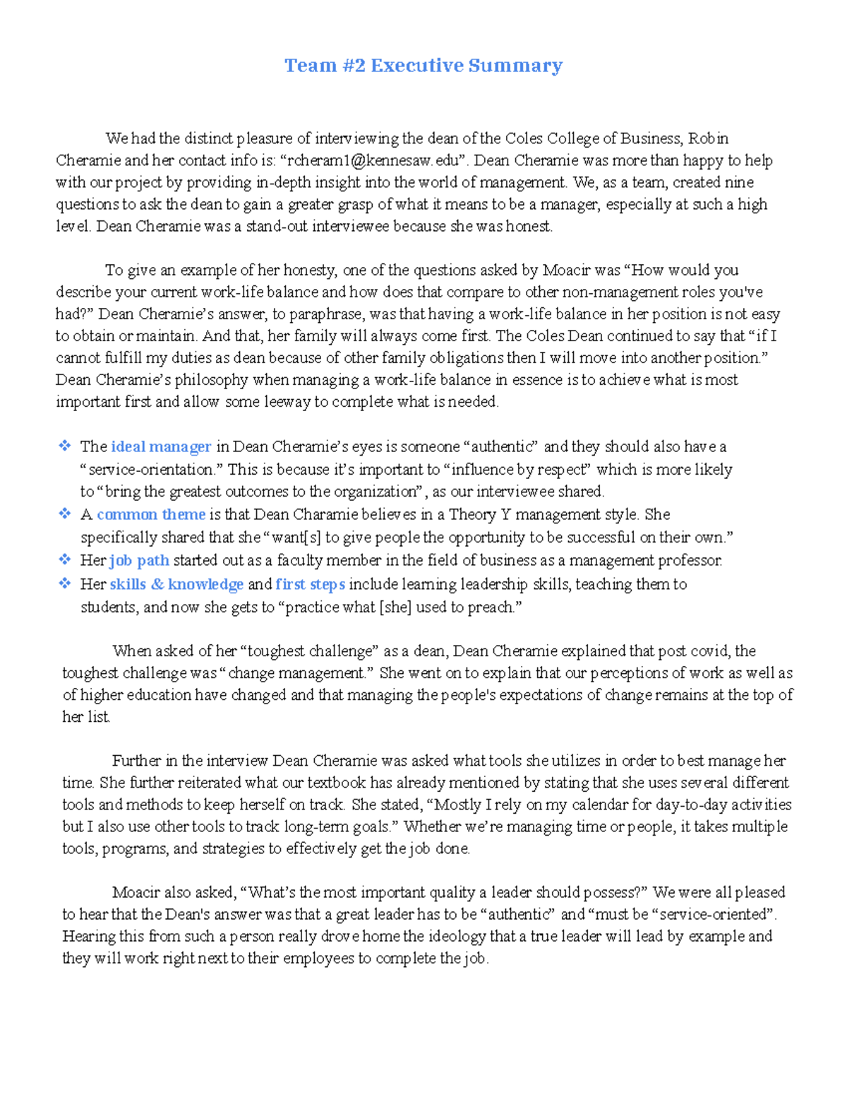 MGTTeam 2 Team Paper Number 2 - Team #2 Executive Summary We had the ...