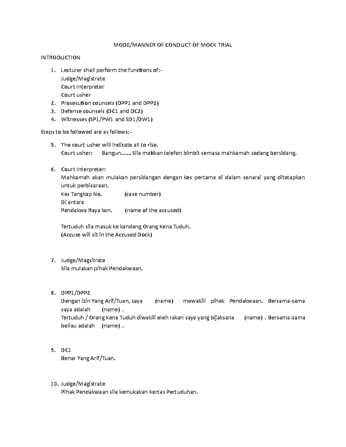 UTA4622 Conduct of Mock trial - MODE/MANNER OF CONDUCT OF MOCK TRIAL ...