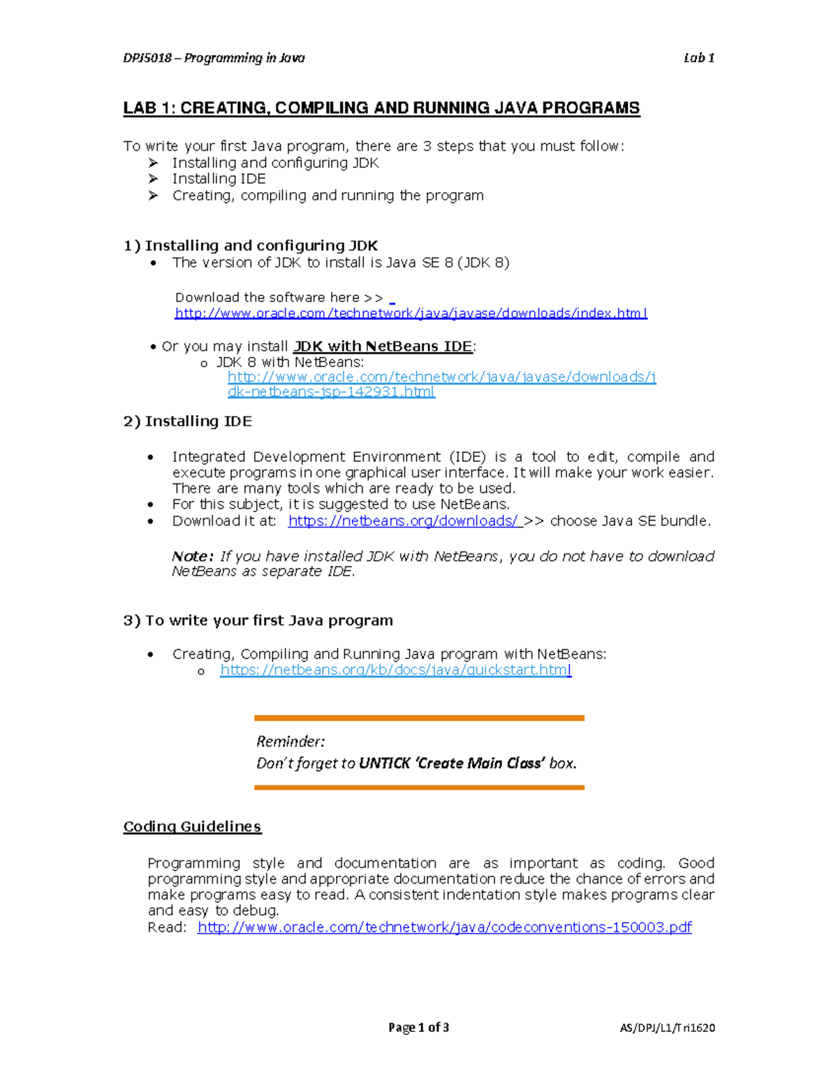 110908 LAB 1 - Help student more understand in Java - DPJ5018 Programming in Java Lab 1 LAB 1 ...