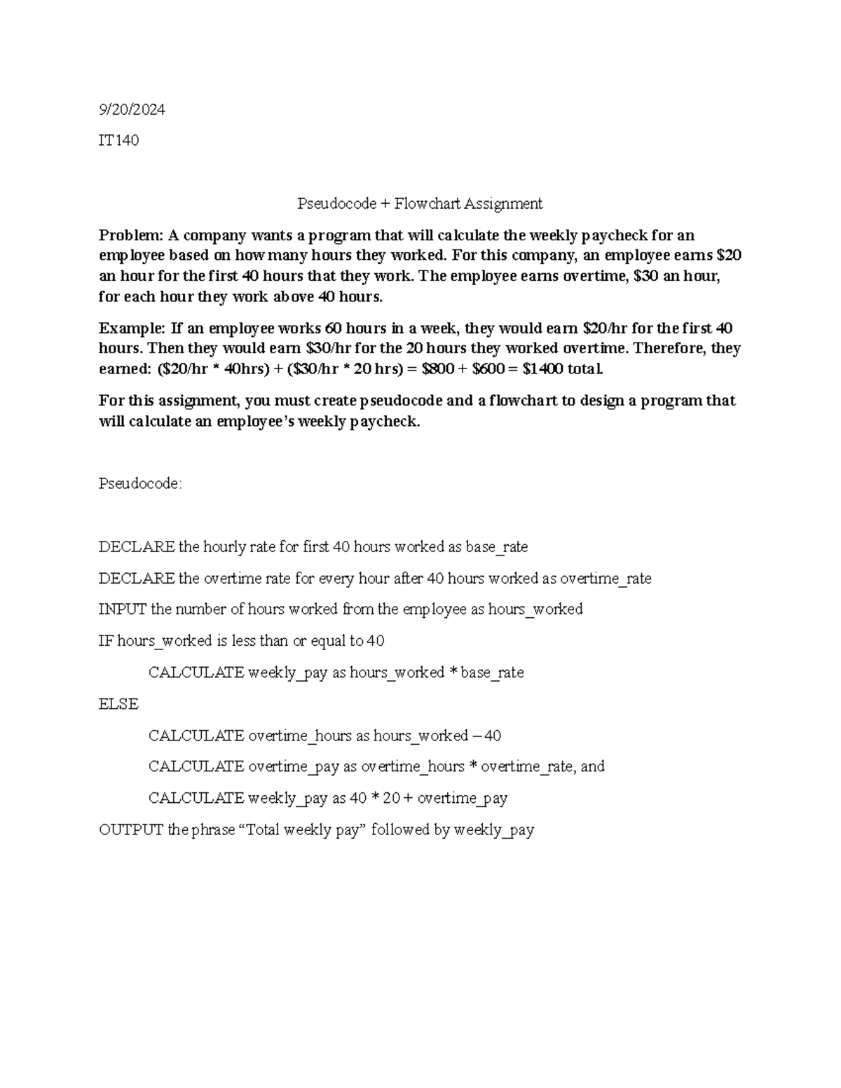 Ch 3 Pseudocode and flowchart - 9/20/ IT Pseudocode + Flowchart Assignment Problem: A company ...