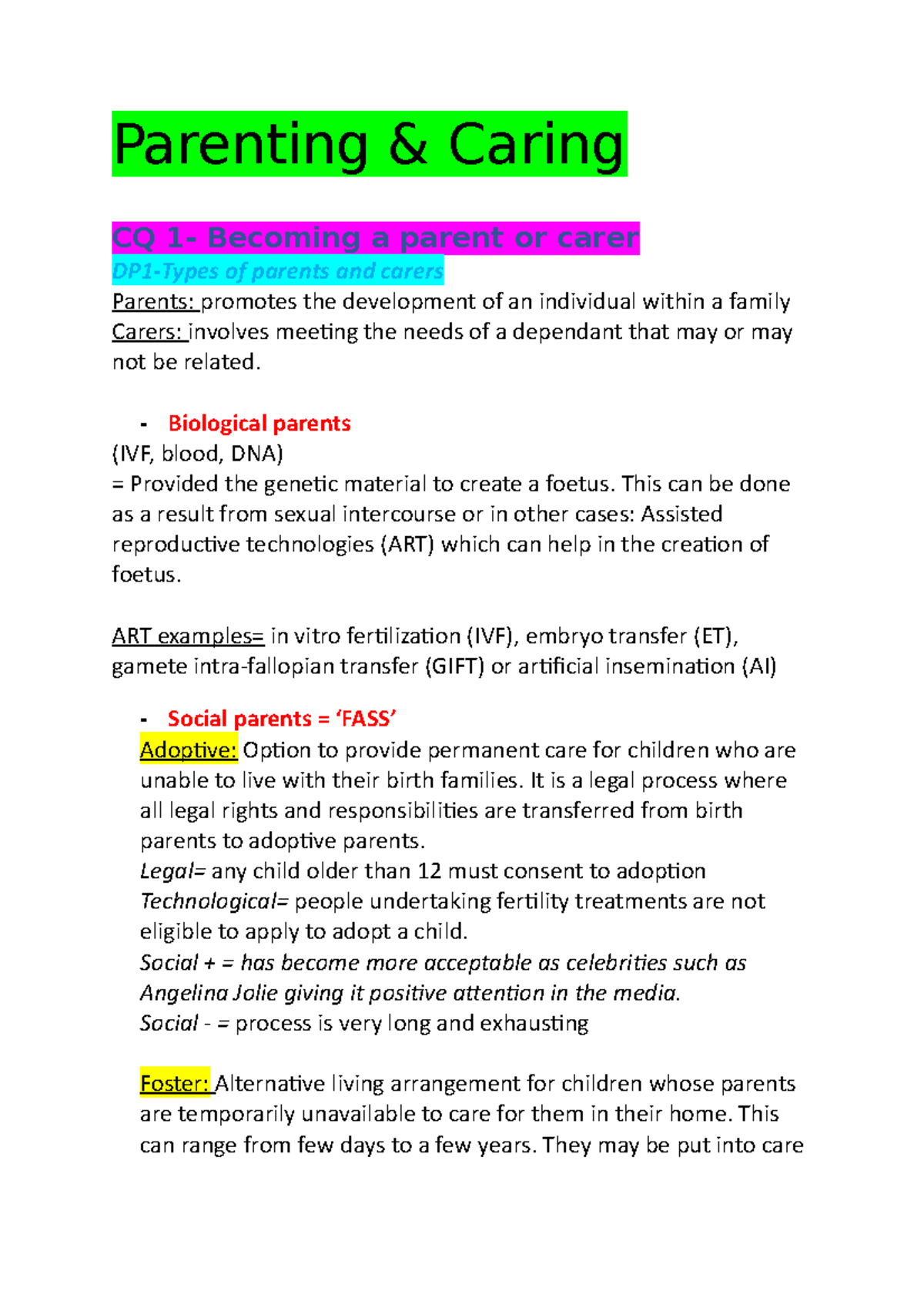 Parenting AND Carring Study Notes- CAFS - Parenting & Caring CQ 1 ...