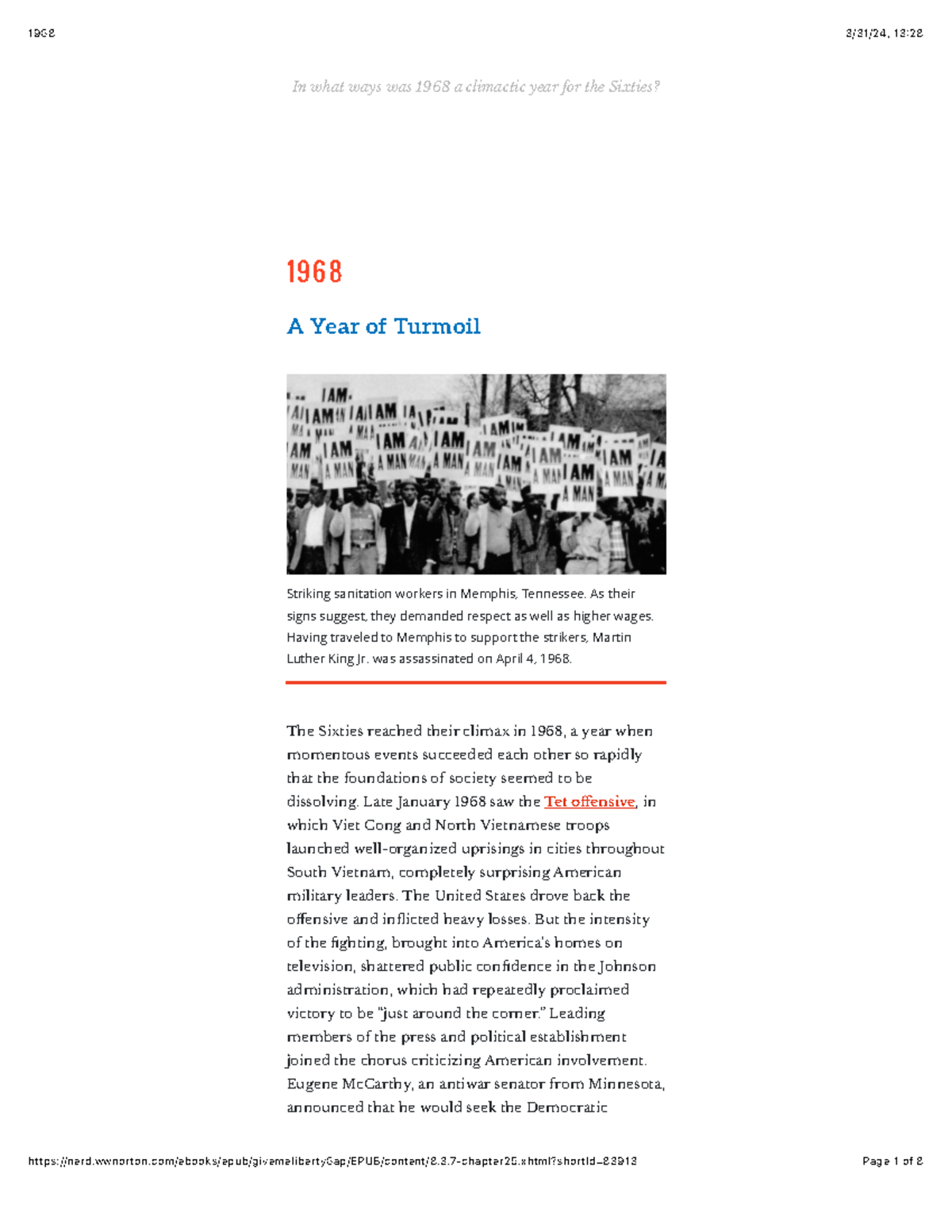 1968 - Summaries to read about information in the 1960s - 1 9 6 8 A ...