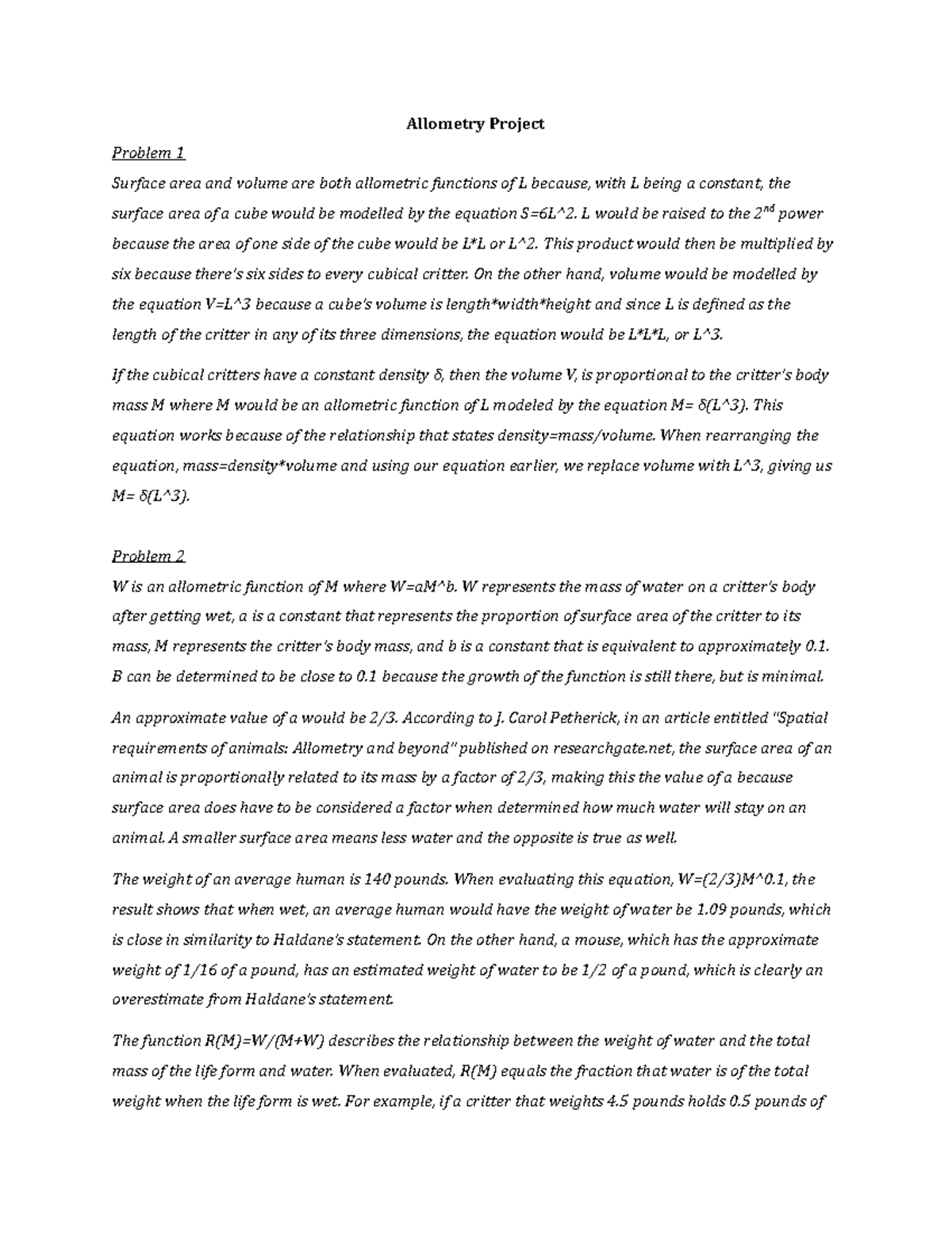 Project 1 - instructor: Dr. Pierce - Allometry Project Problem 1 ...