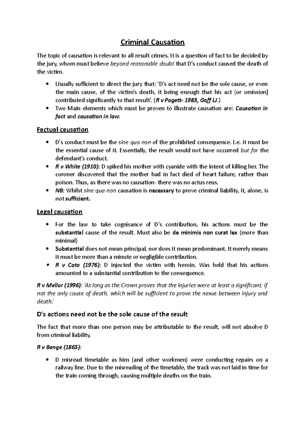Criminal Causation notes - Criminal Causation The topic of causation is ...