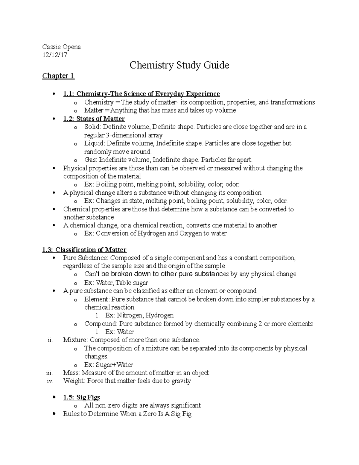 Chem Study Guide - Cassie Opena 12/12/ Chemistry Study Guide Chapter 1 ...