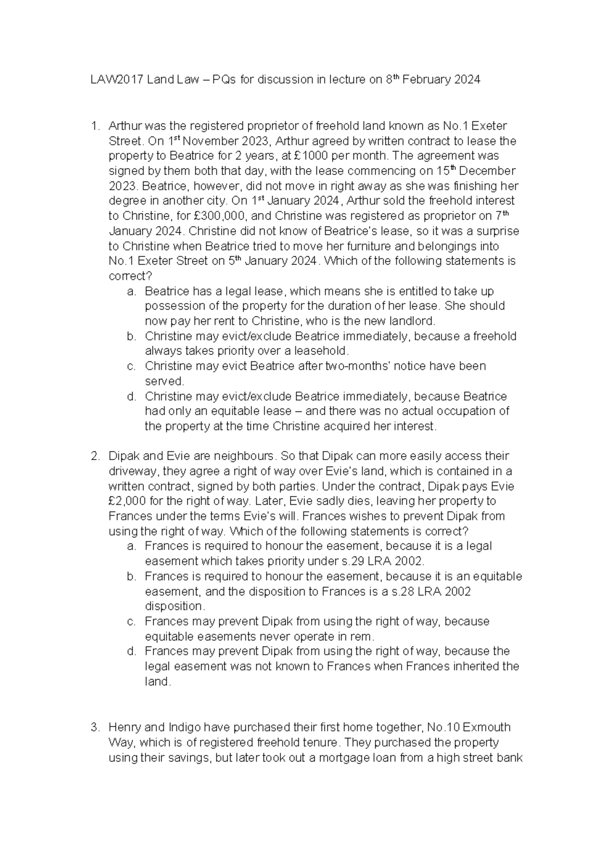 Land Law PQ Revision Questions - LAW2017 Land Law – PQs for discussion ...