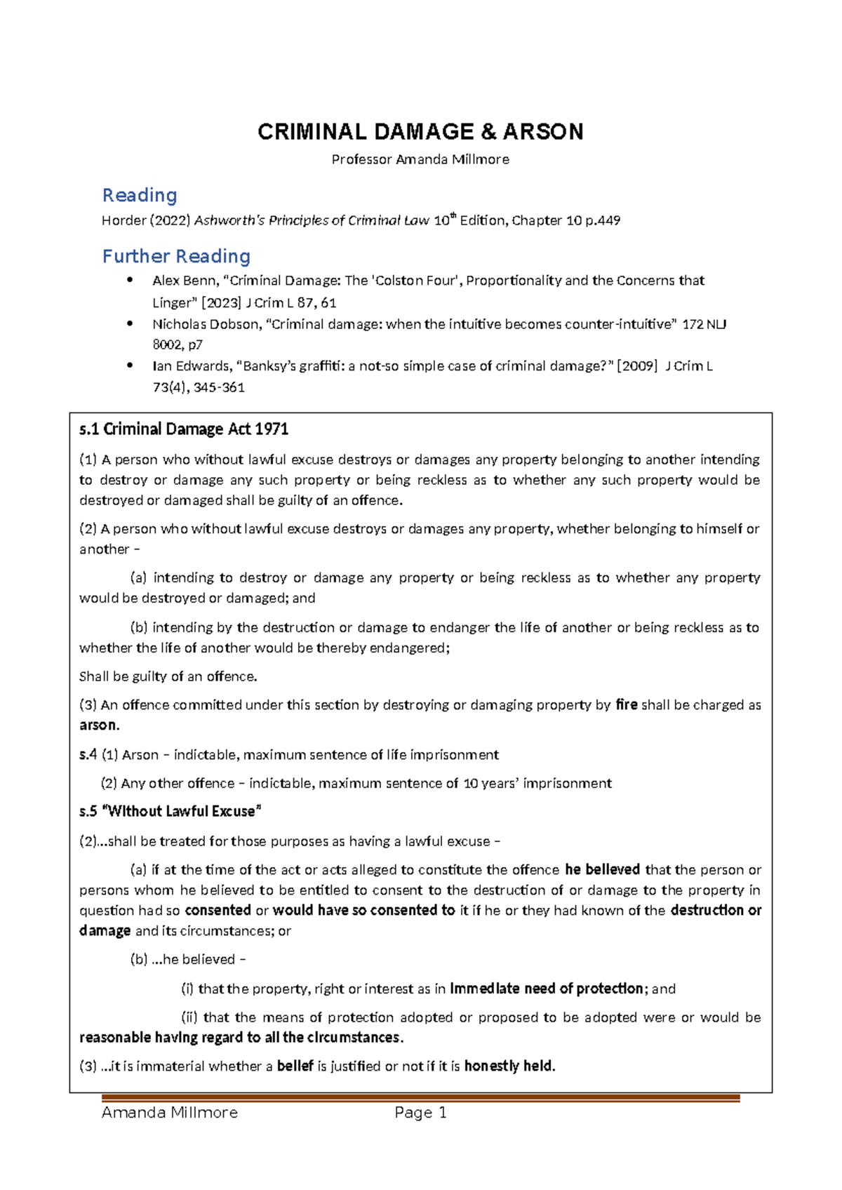 Criminal Damage Handout 23-24 - CRIMINAL DAMAGE & ARSON Professor ...