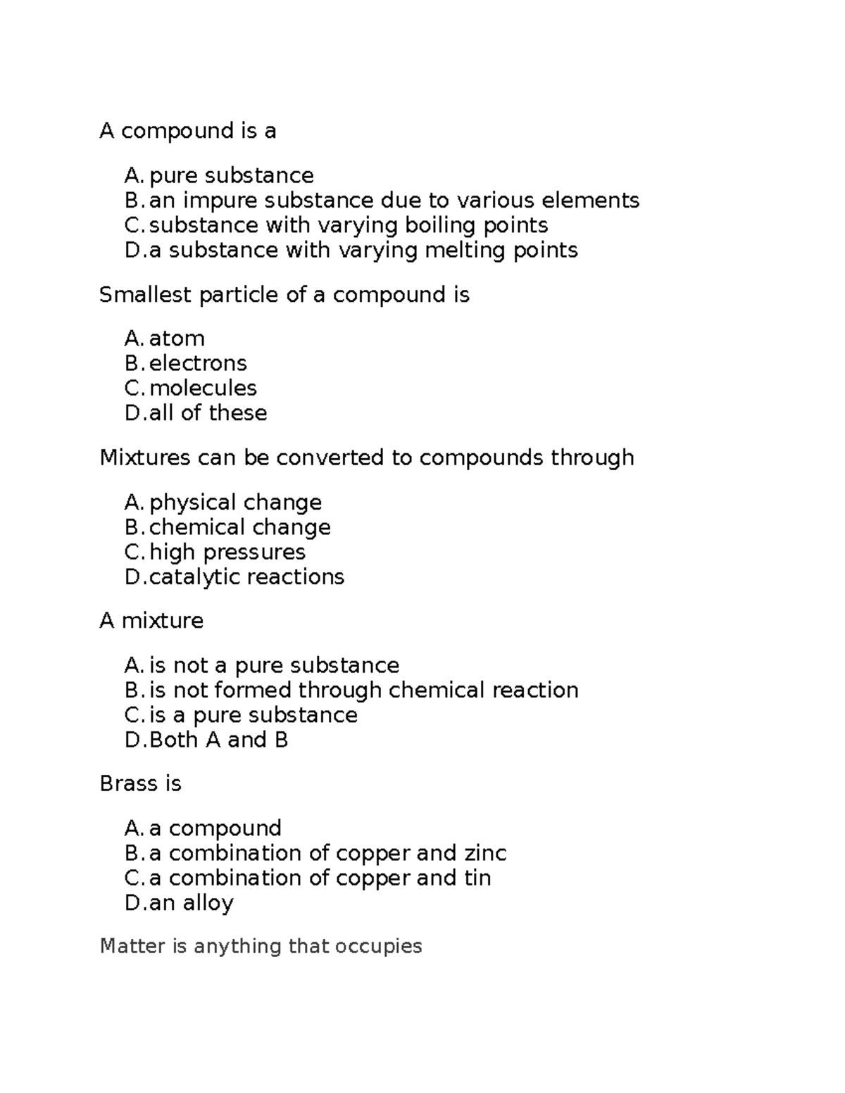 Diagnostic test - practice worksheet - A compound is a A. pure ...