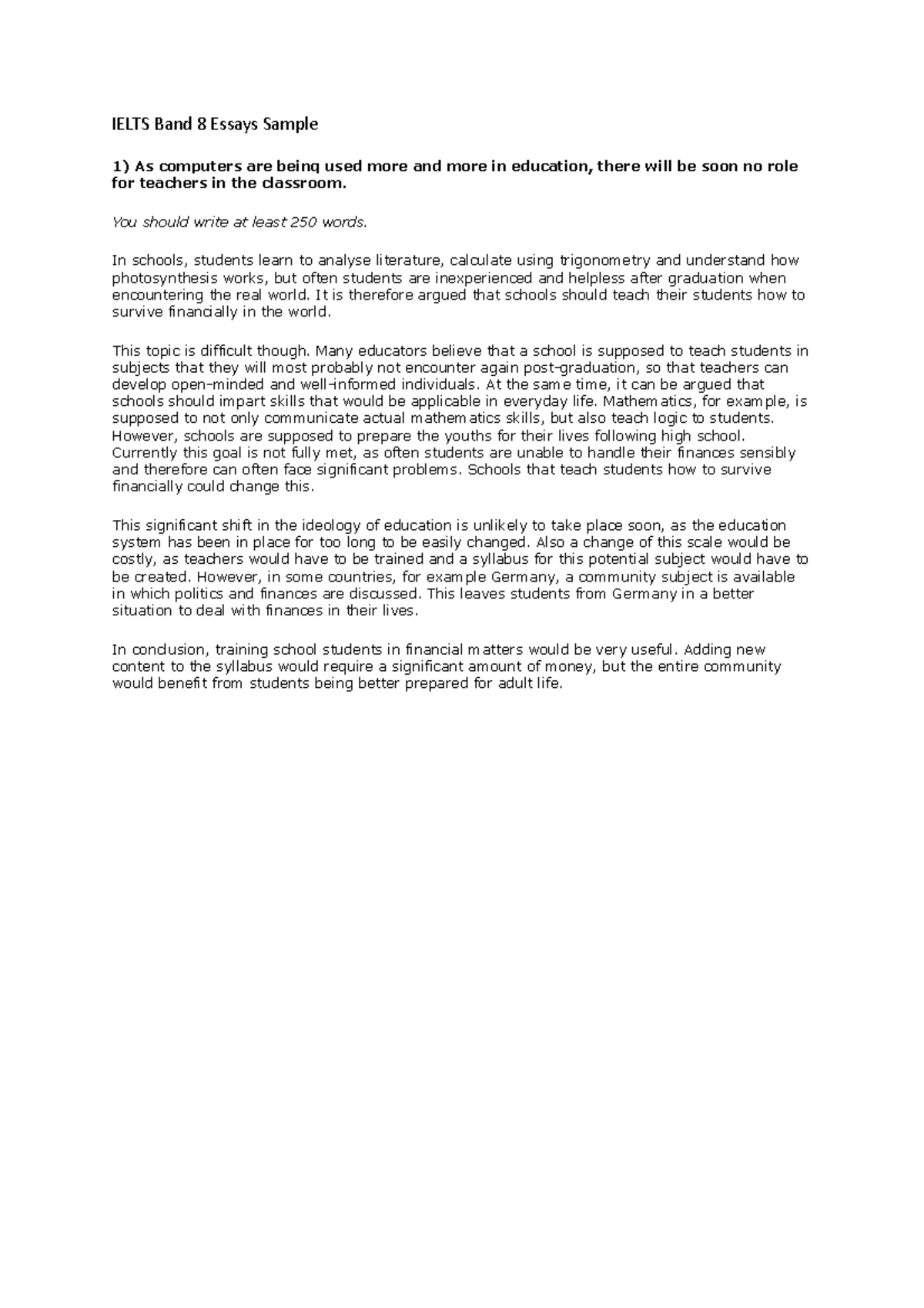 Ielts Band 8 Essays Sample - IELTS Band 8 Essays Sample 1) As computers ...