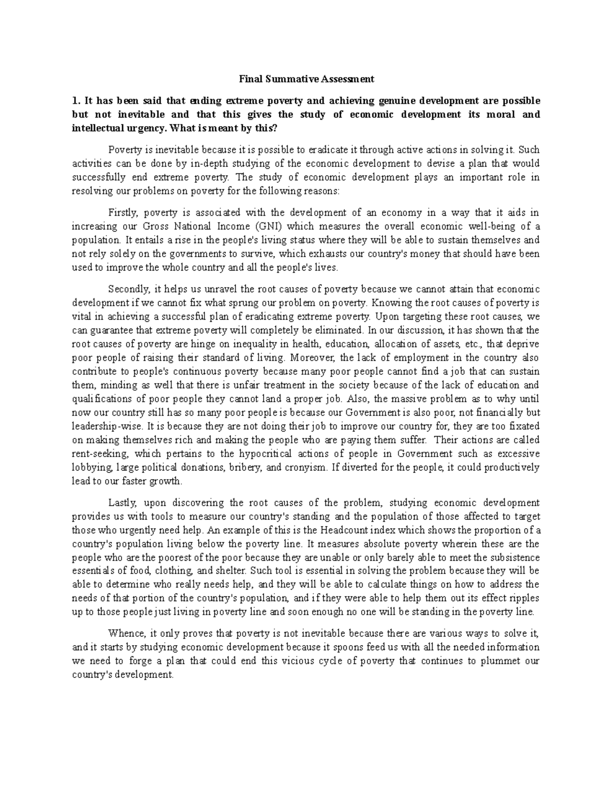 Econ Dev Final Summative Assessment - Final Summative Assessment 1. It ...