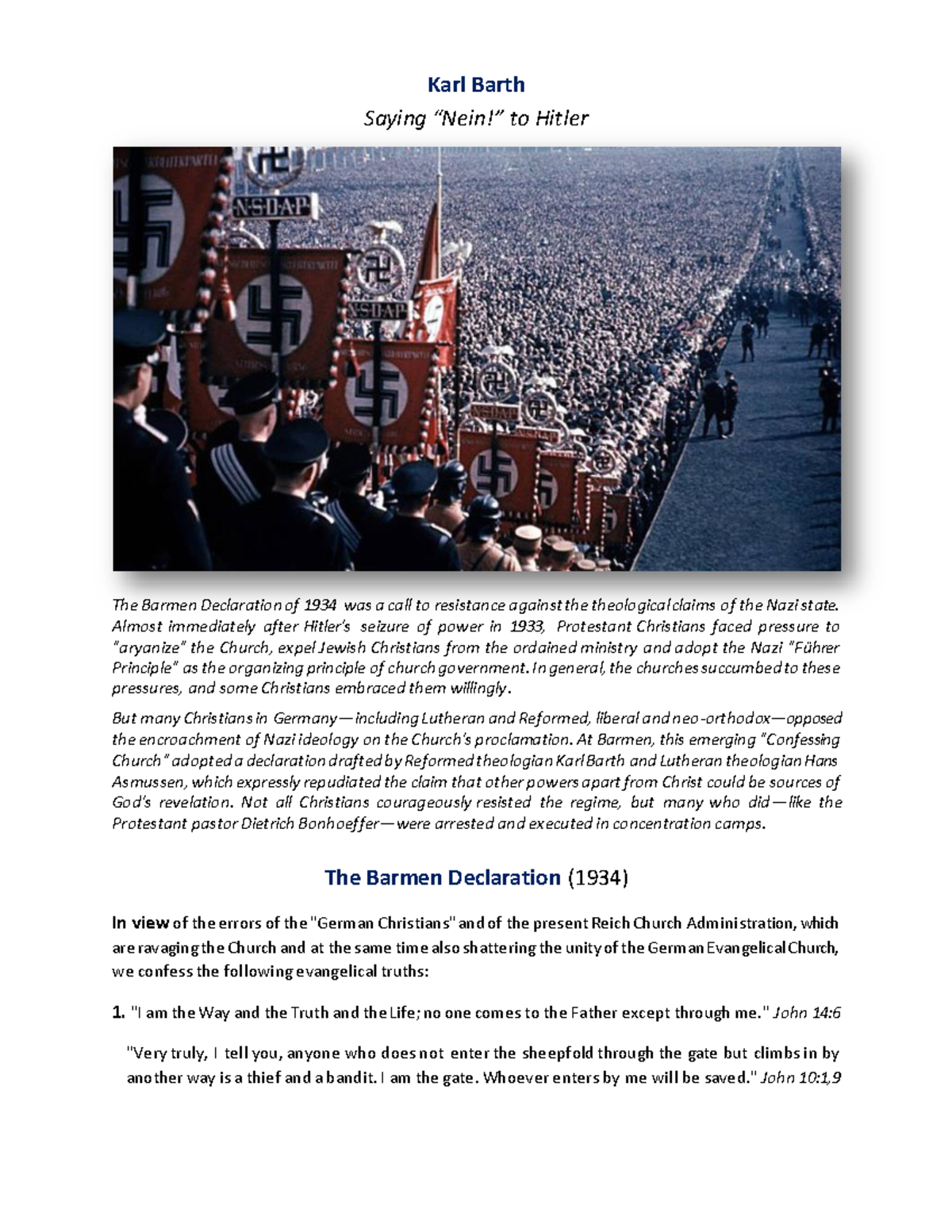 29. Barth - Barmen Declaration - Karl Barth Saying “Nein!” to Hitler ...