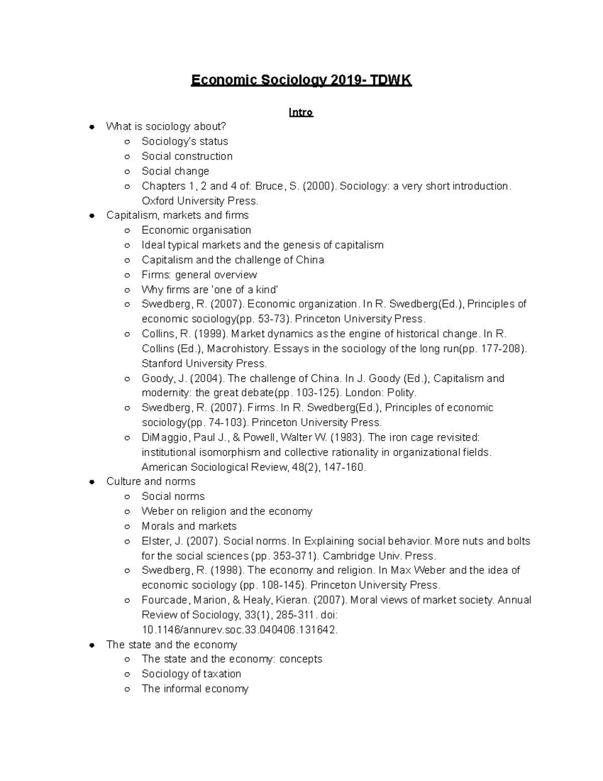 Economic Sociology Notes - Economic Sociology 2019- TDWK Intro What is ...