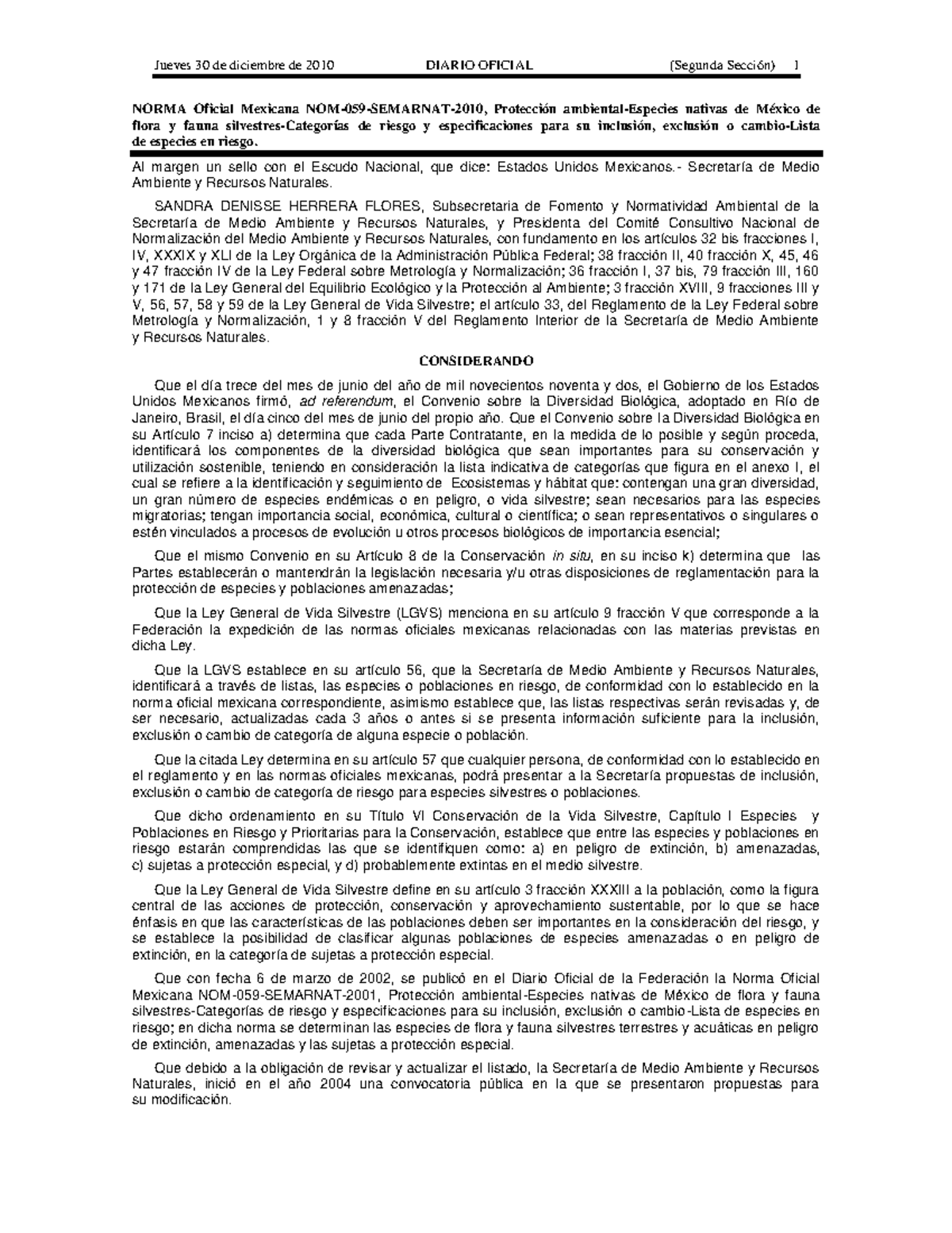 NOM 059 Semarnat 2010 - química - NORMA Oficial Mexicana NOM-059-SEMARNAT-2010, Protección - Studocu