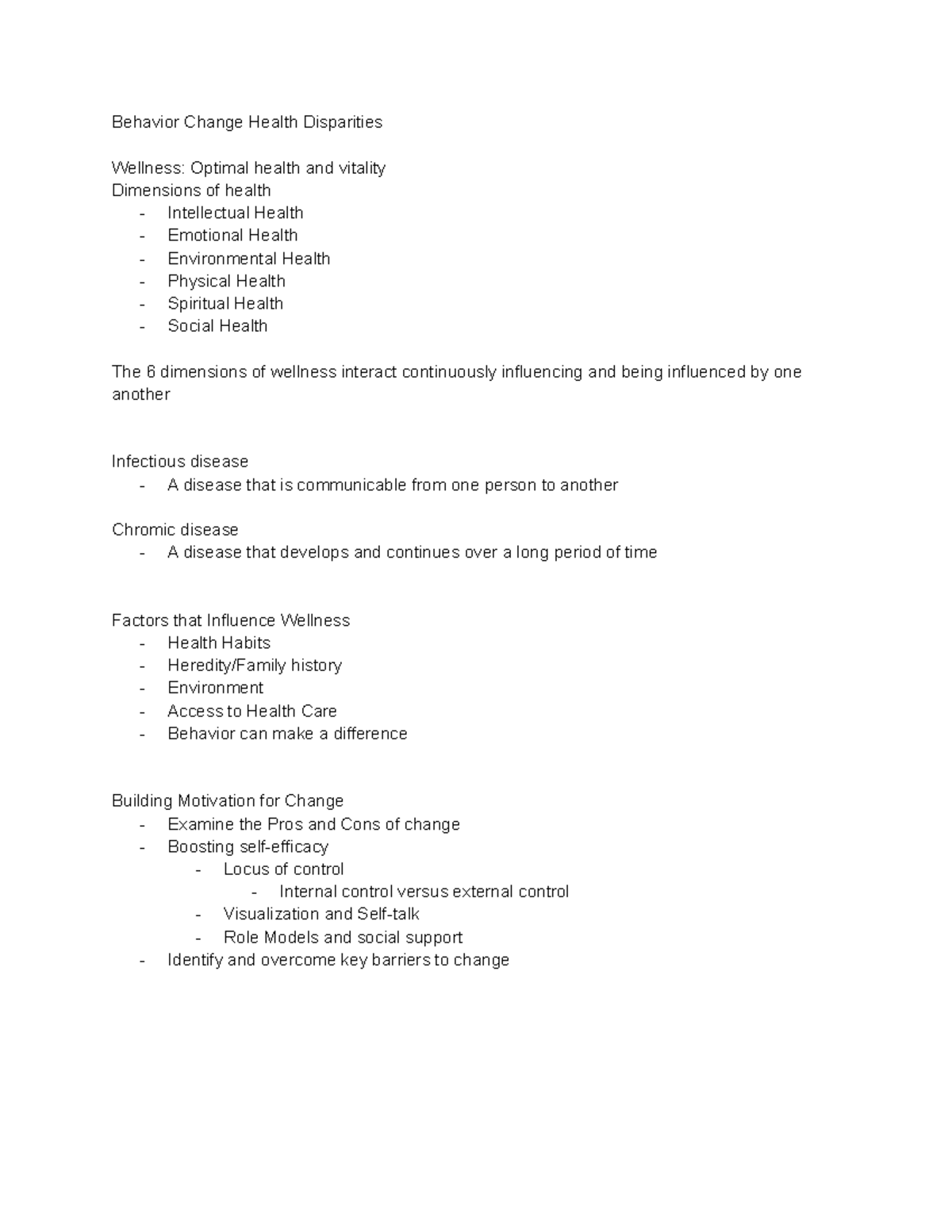 Health and Wellness Notes Exam 1 - Behavior Change Health Disparities ...