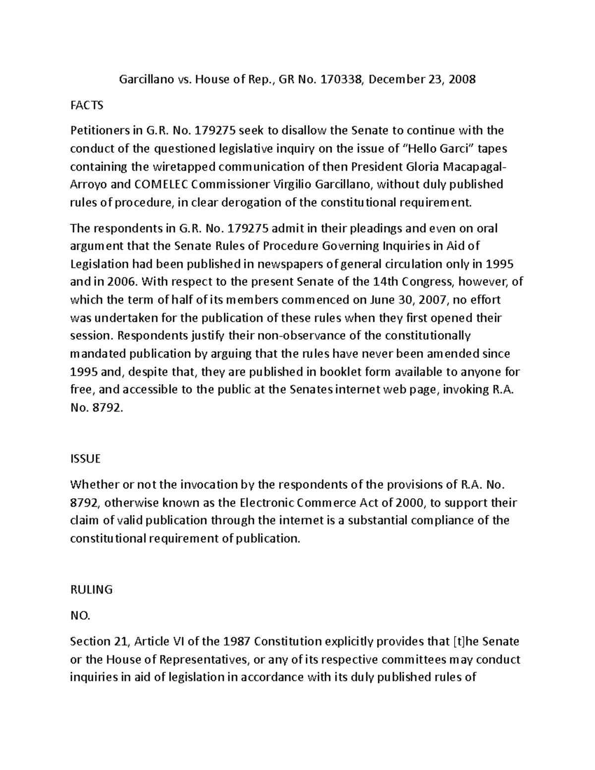 Garcillano vs. House of Rep., GR No. 170338, December 23, 2008 ...