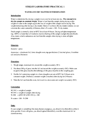 Water and dry matter determination - Lab 1 - STH2153 Laboratory ...
