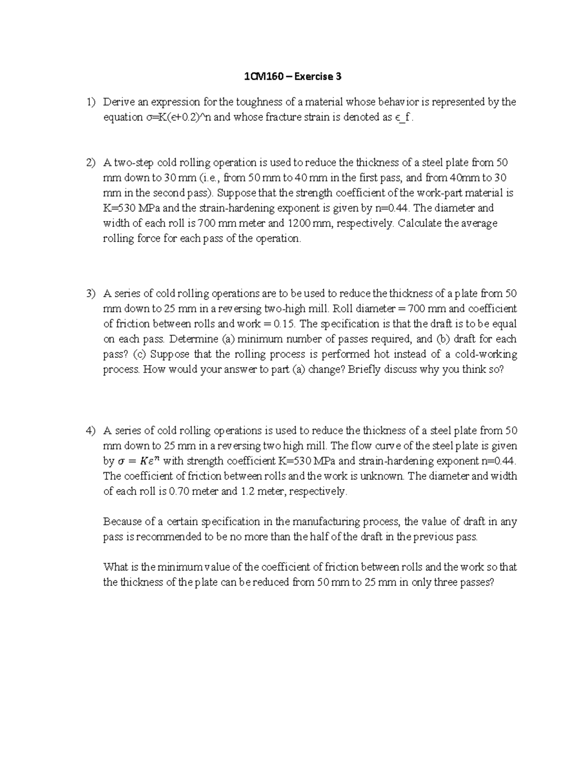 Exercises 3 - Excercise set of metal casting - 1CM160 – Exercise 3 ...