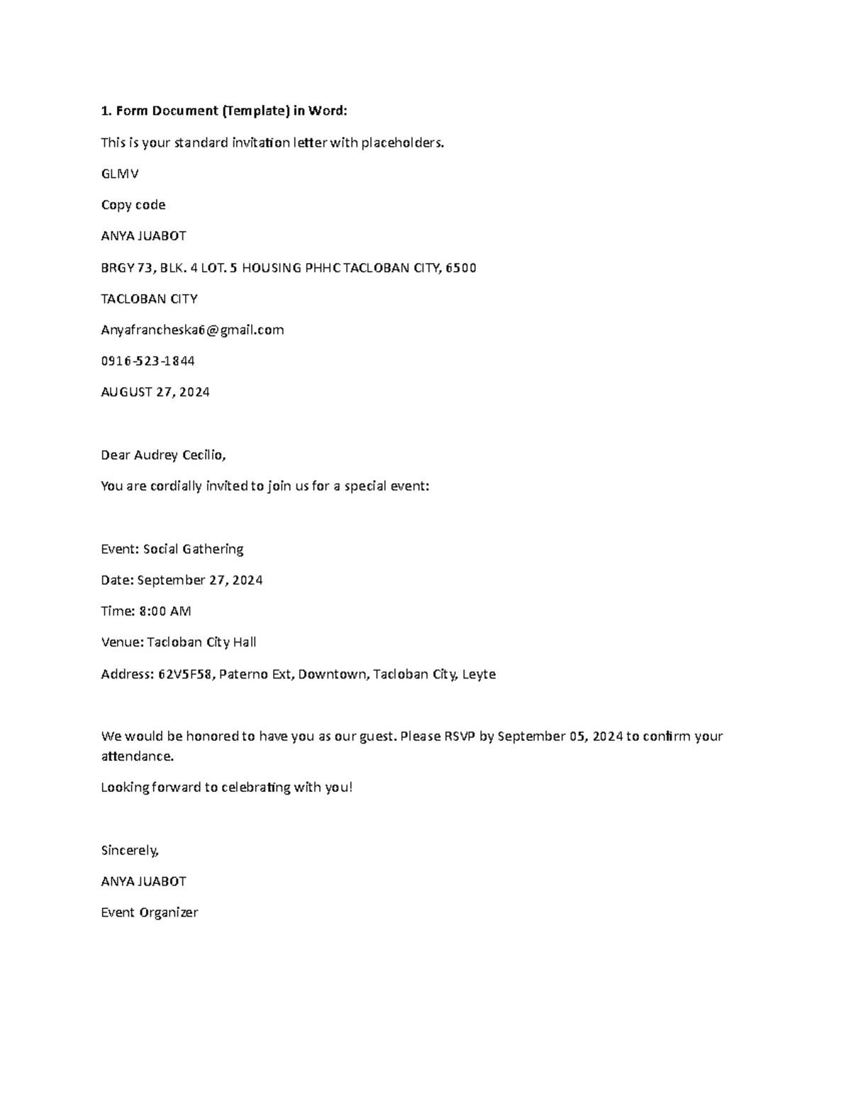 Emtech - Form Document (Template) in Word: This is your standard invita ...