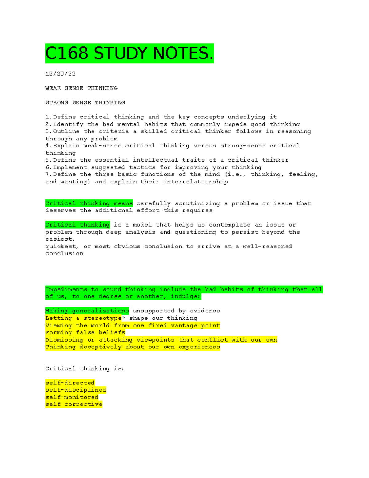 C168 Study Notes - C168 STUDY NOTES. 12/20/ WEAK SENSE THINKING STRONG ...