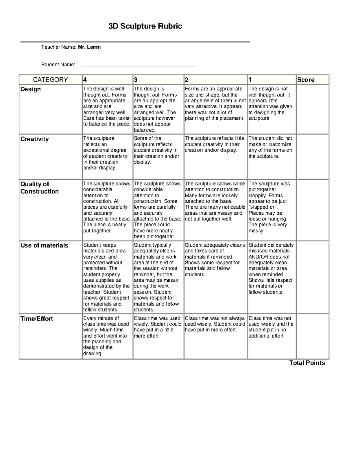 3d-sculpture-rubric - notes - 3D Sculpture Rubric Teacher Name: Mr ...