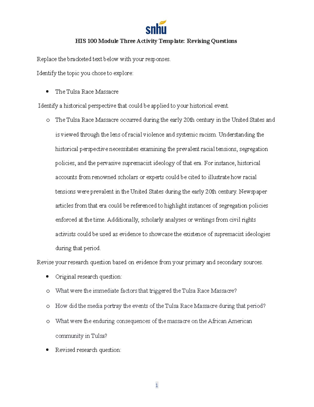 HIS 100 Module Three Activity Revising Questions Template - HIS 100 ...